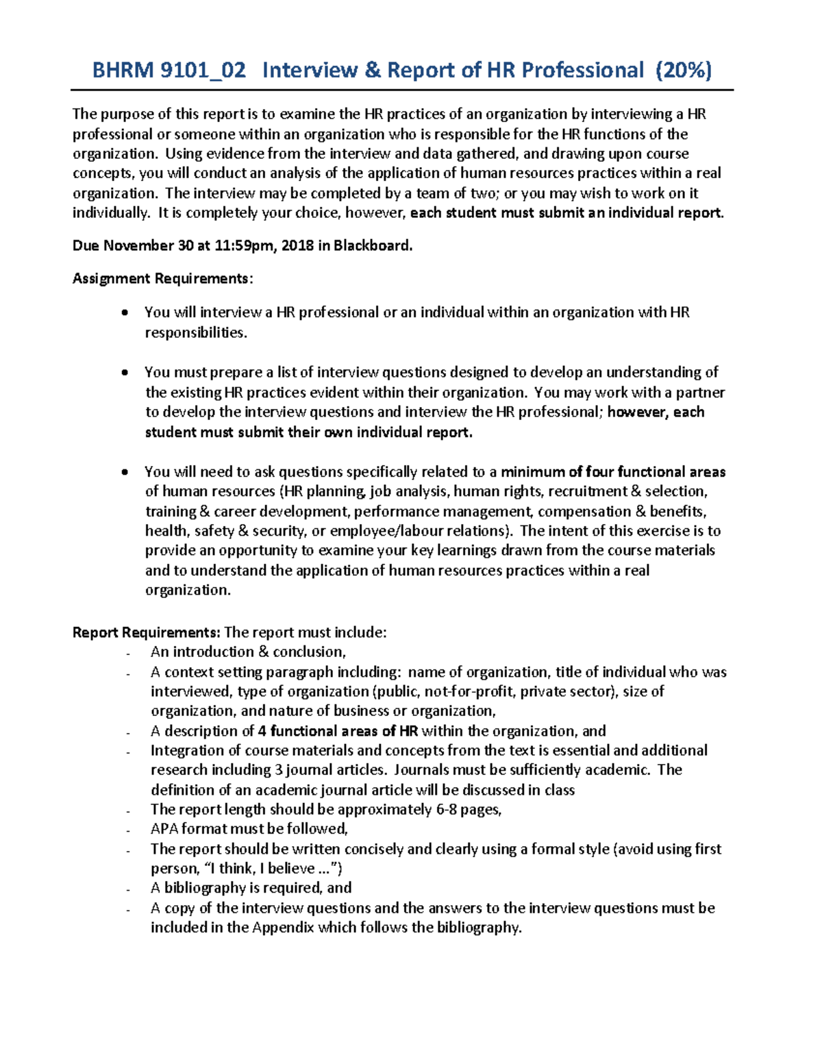 BHRM 9101 9102 HR Interview & Report F2018 - BHRM 9101_02 Interview ...