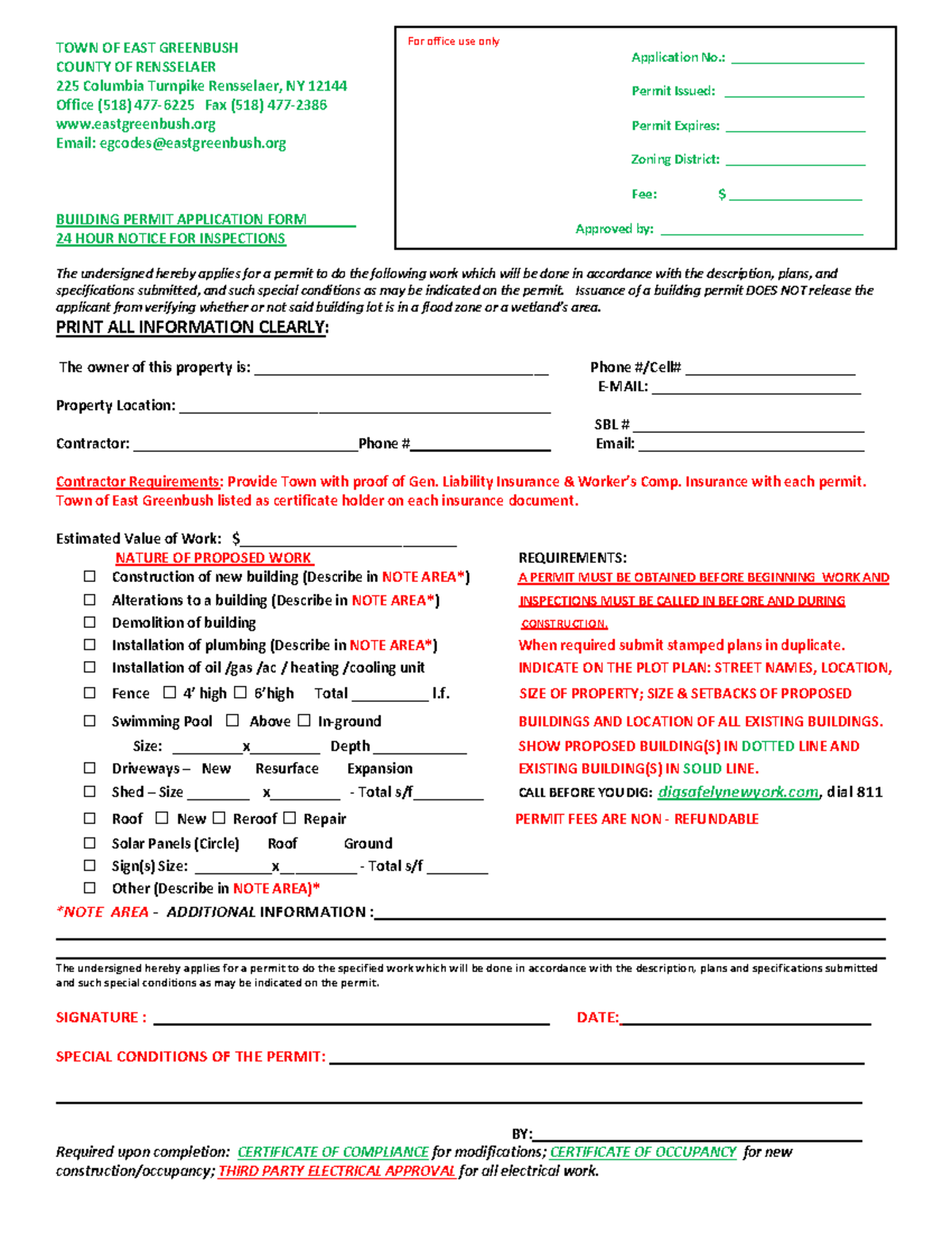 Permit Application III - TOWN OF EAST GREENBUSH COUNTY OF RENSSELAER ...