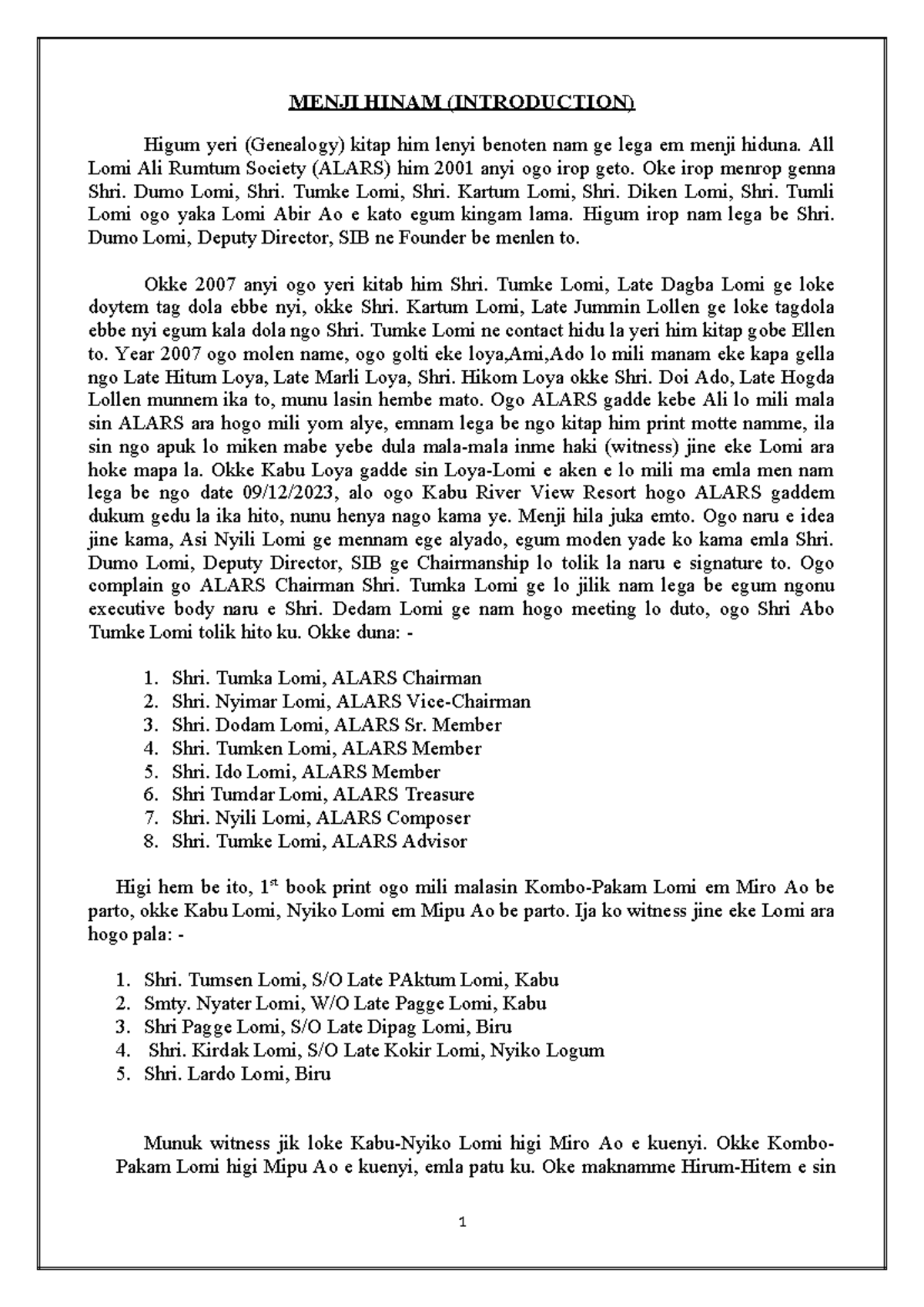 Menji Hinam - add - MENJI HINAM (INTRODUCTION) Higum yeri (Genealogy) kitap him lenyi benoten ...