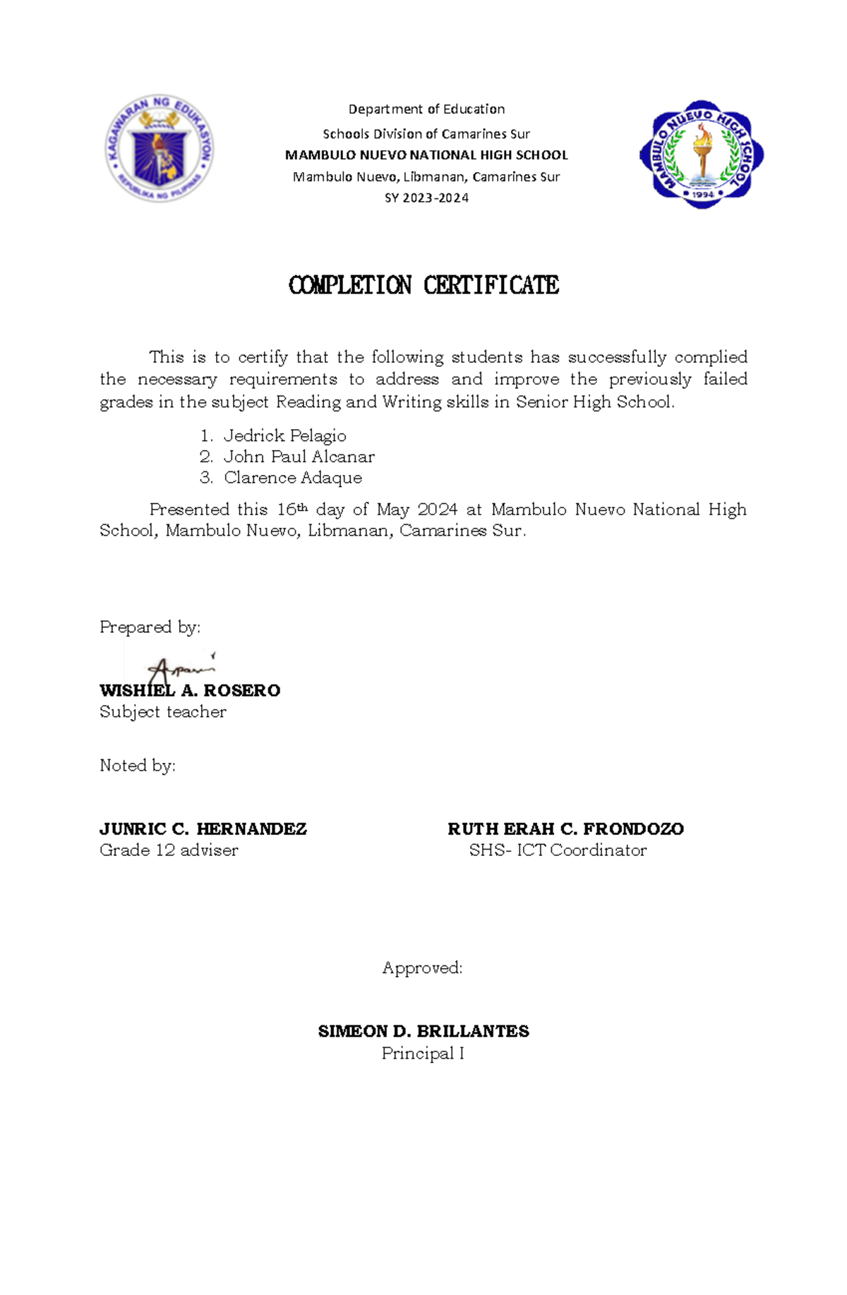 Completion certificate - Department of Education Schools Division of ...