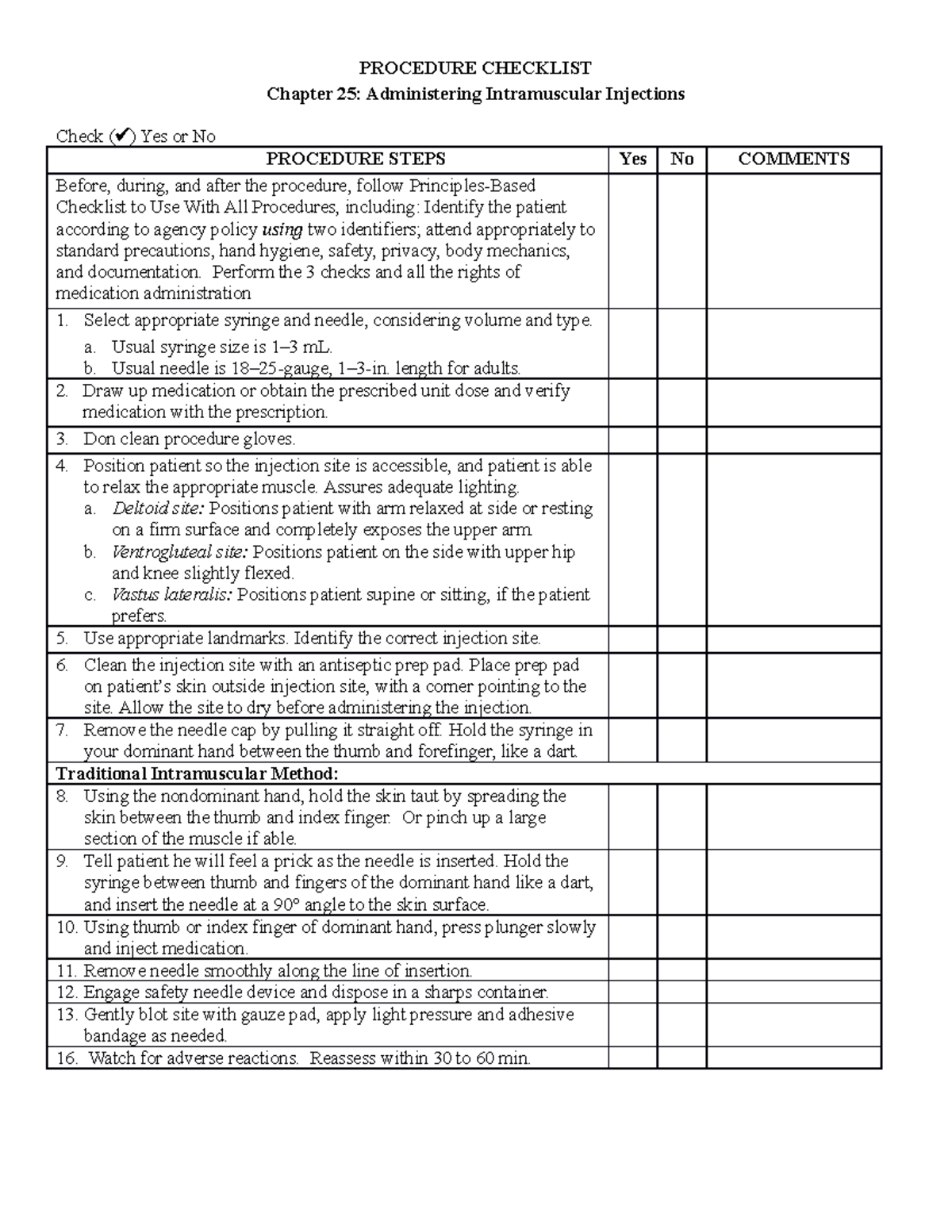 Chp25-14 IM injection - class detailed notes. - PROCEDURE CHECKLIST ...