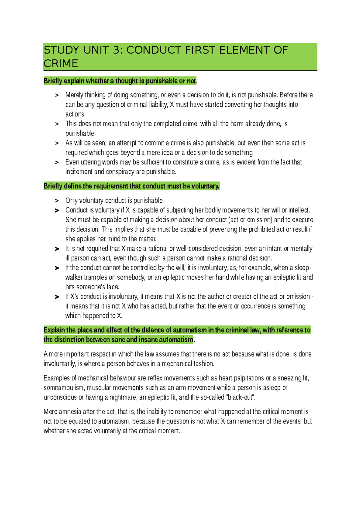 Study UNIT 3 - Summary Law of delict - STUDY UNIT 3: CONDUCT FIRST ...