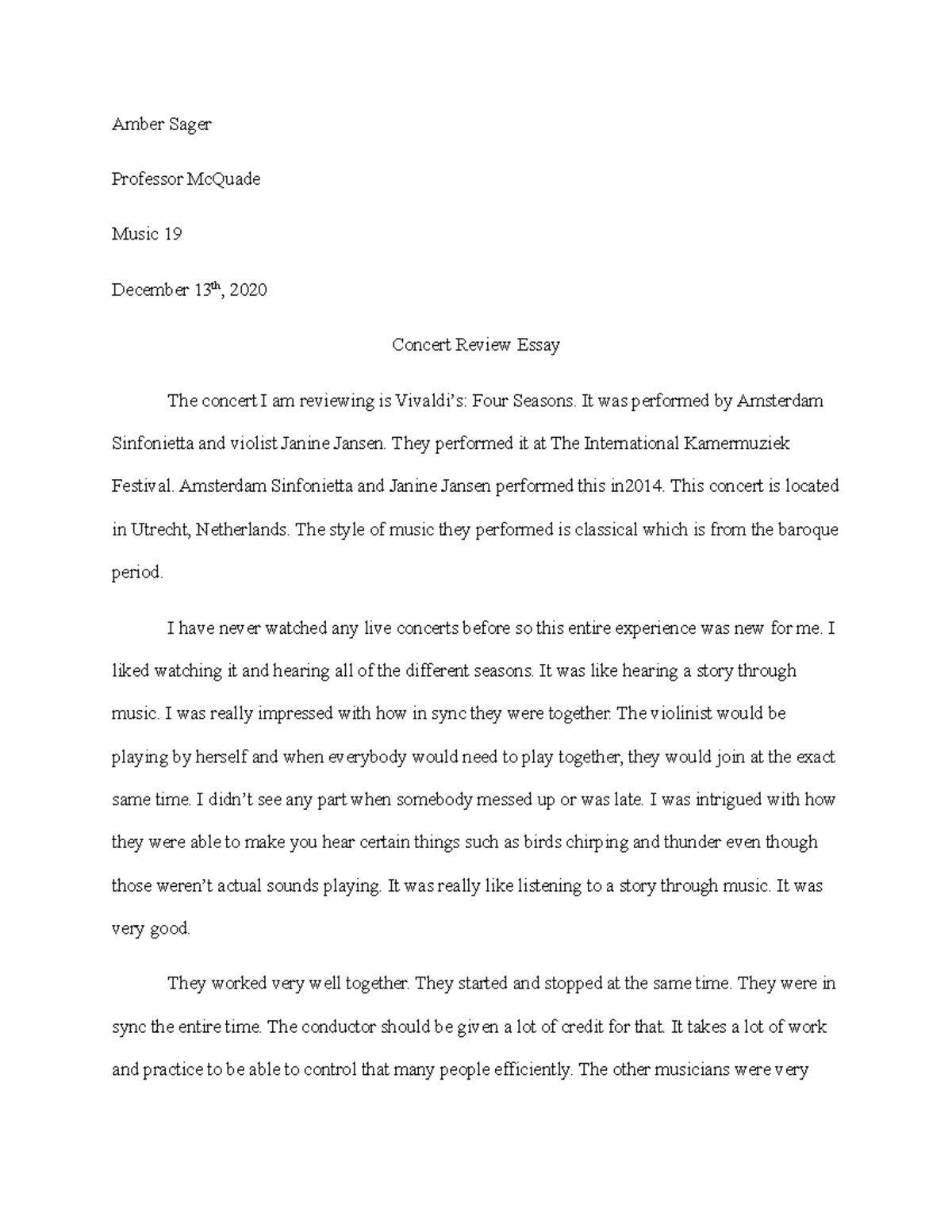 Concert Review Essay - fff - Amber Sager Professor McQuade Music 19 ...