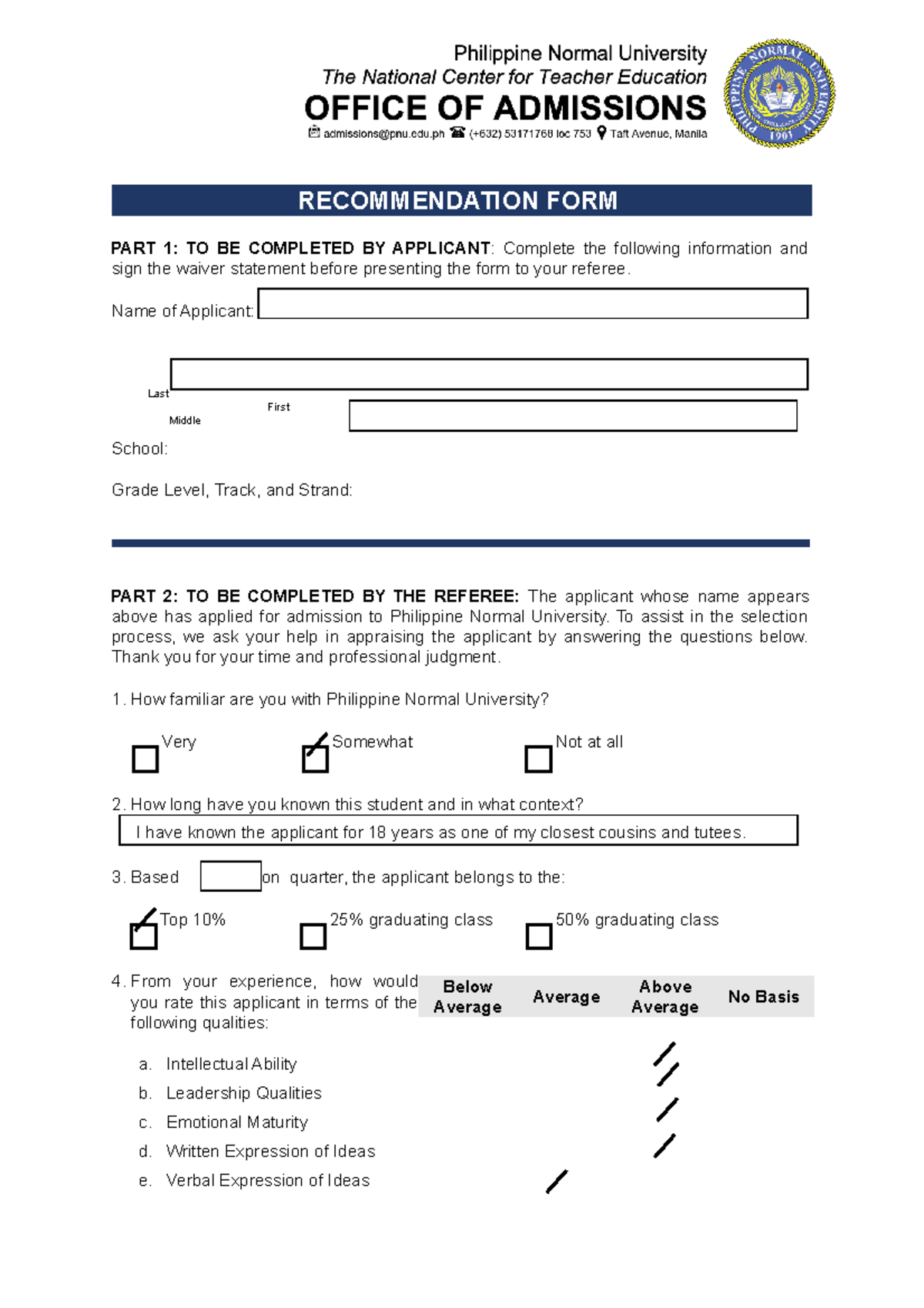 PNU Recommendation FORM 1 - RECOMMENDATION FORM PART 1: TO BE COMPLETED ...