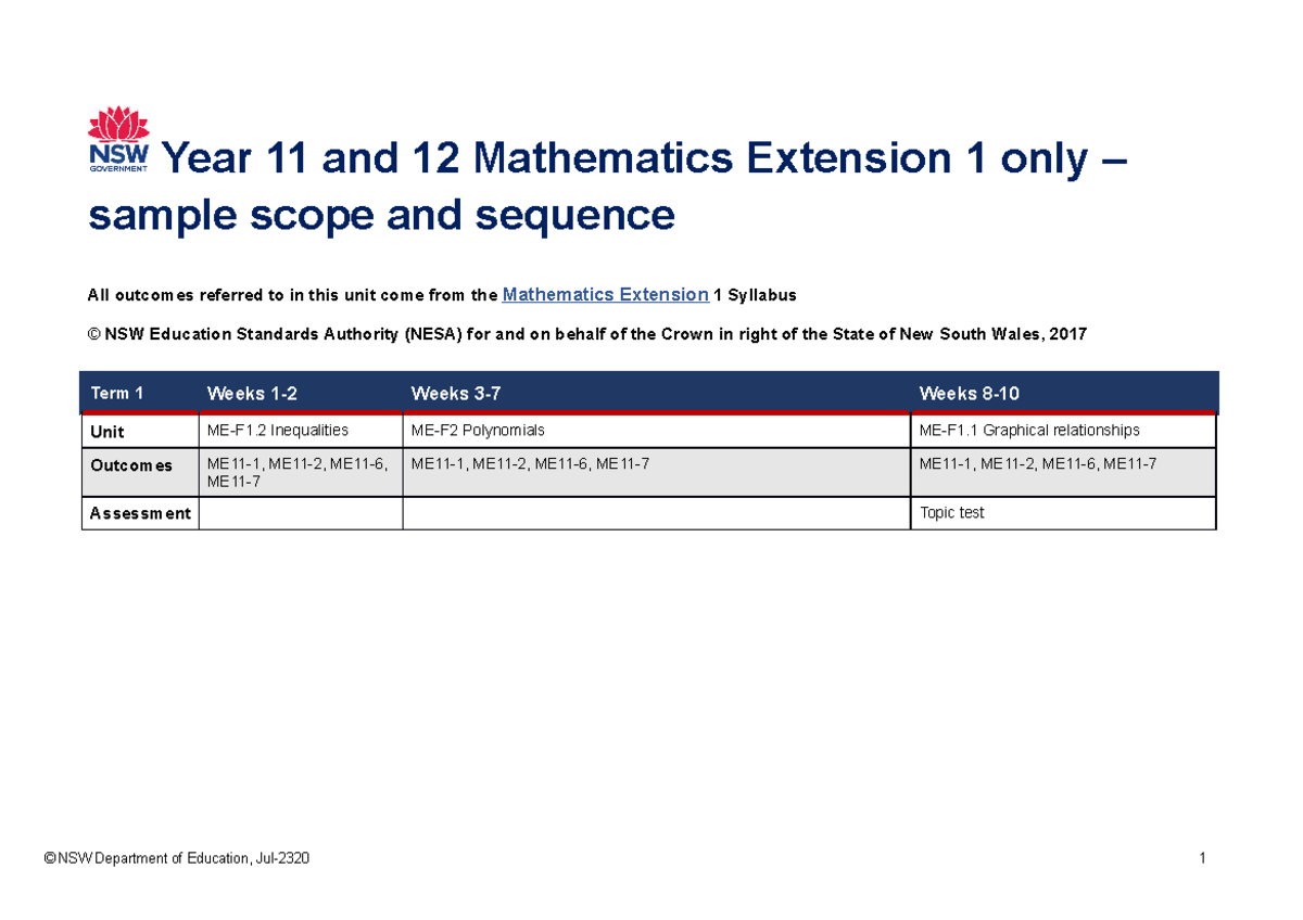 Year 11 12 mathematics extension 1 only scope and sequence - Year 11 ...