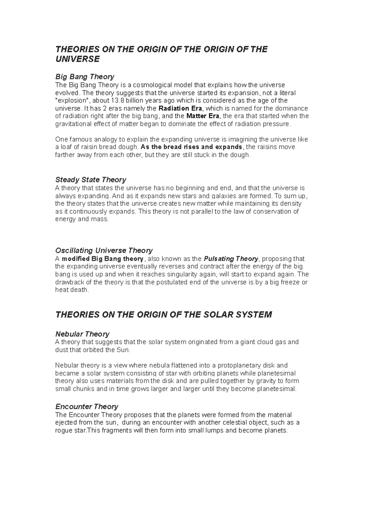 Earth Science - THEORIES ON THE ORIGIN OF THE ORIGIN OF THE UNIVERSE ...