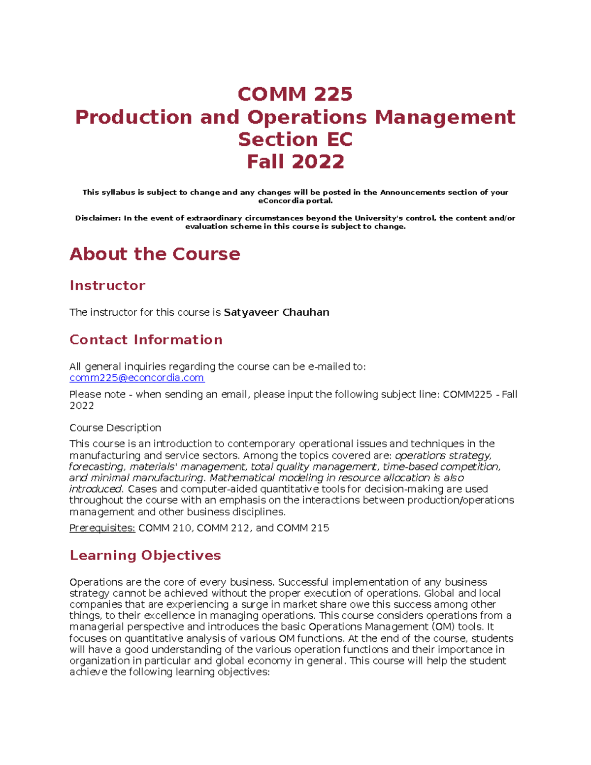 COMM 225 Course Outline - COMM 225 Production and Operations Management ...