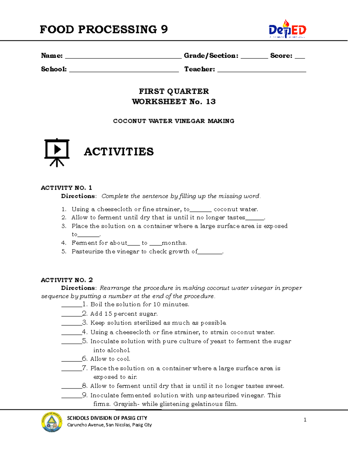 Sptve 9-FOOD Processing TECH9-Q1-DW13 - 1 FOOD PROCESSING 9 SCHOOLS ...