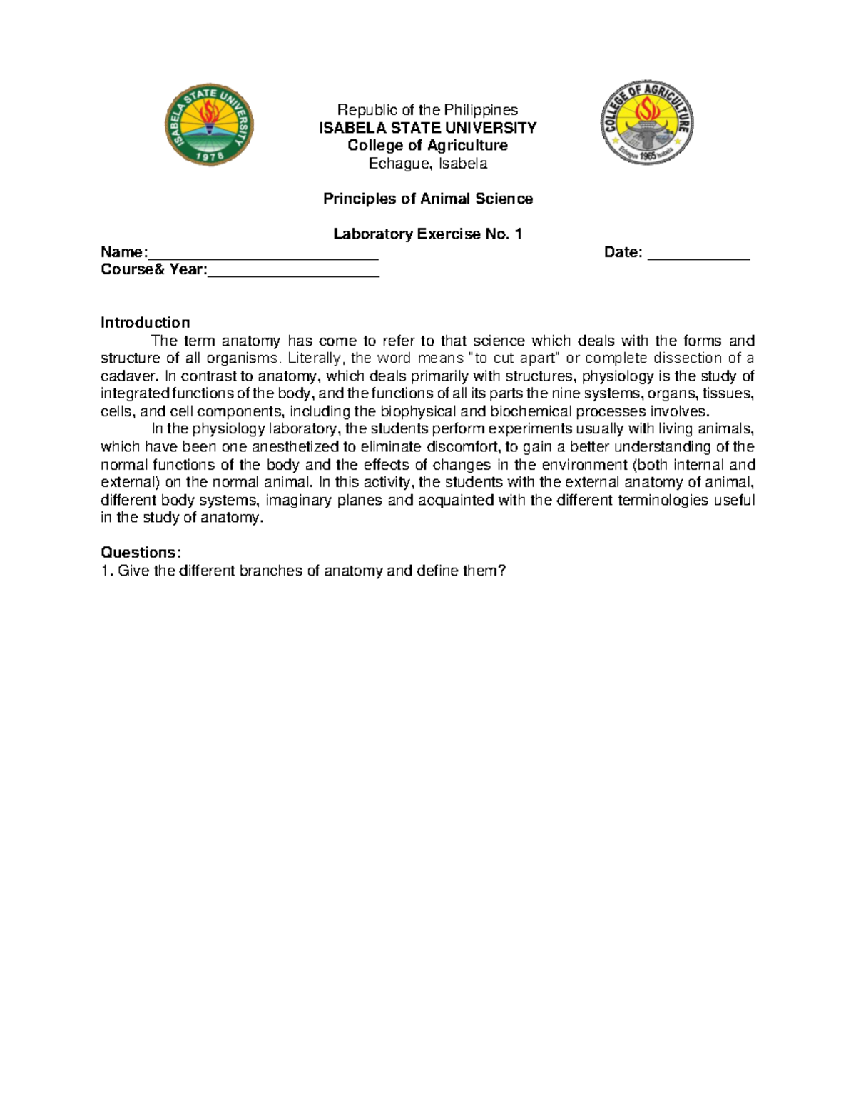 Lab-Exercise-1jjhu - Republic of the Philippines ISABELA STATE UNIVERSITY College of Agriculture ...
