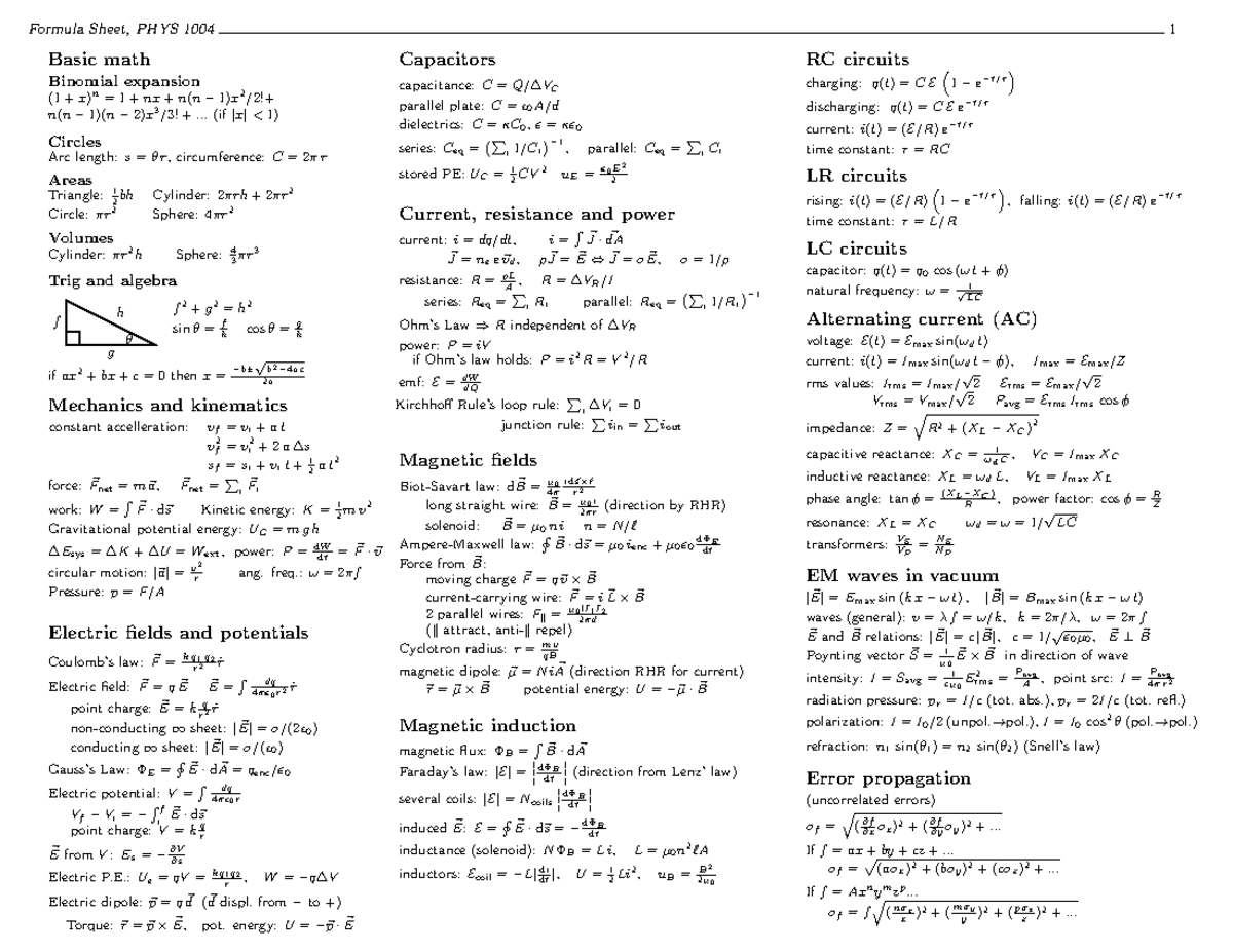 Phys1004 formula sheet - Formula Sheet, PHYS 1004 1 Basic math Binomial expansion (1 + x)n = 1 ...