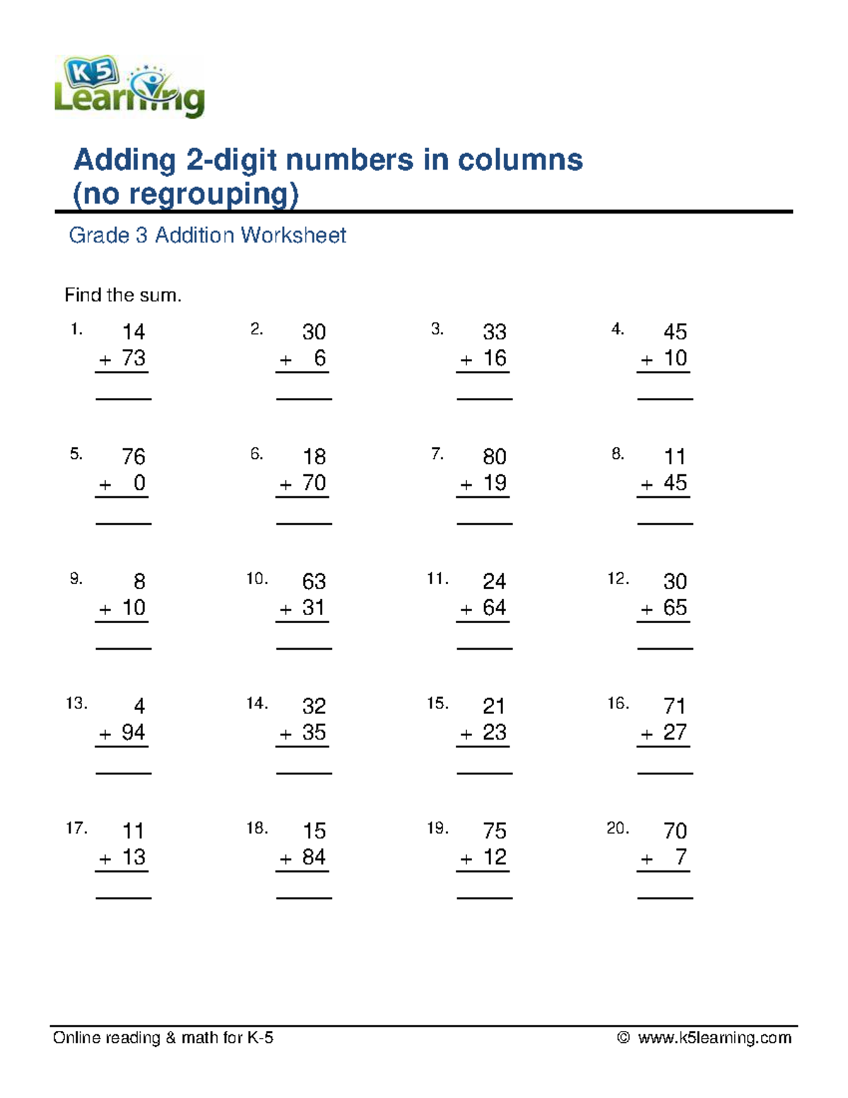 Grade 3 add 2 digit numbers in columns no regrouping a - Online reading ...