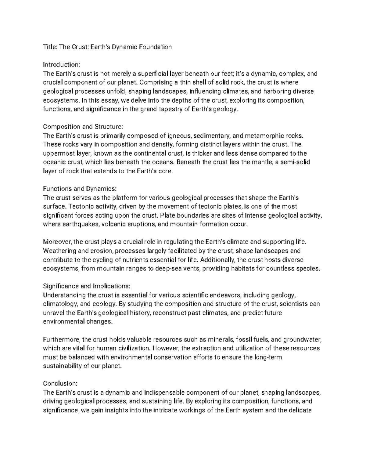 Final essay for English - Title: The Crust: Earth's Dynamic Foundation ...