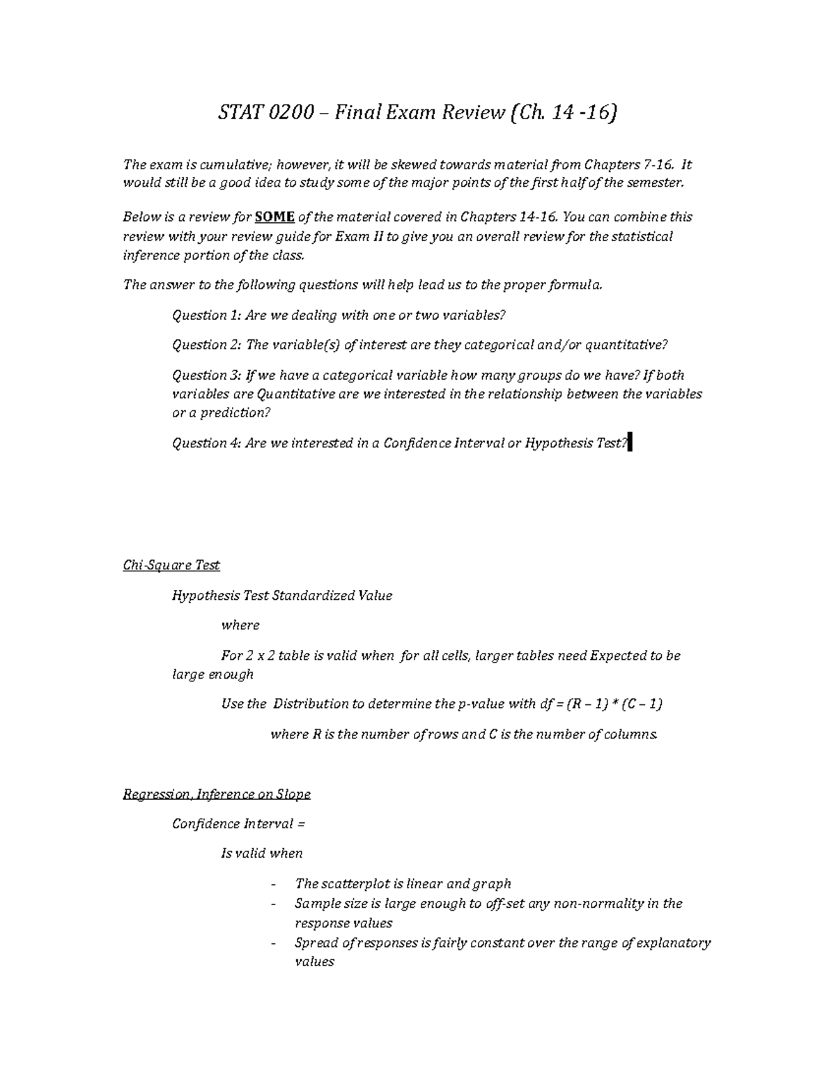 Stat 0200 Final Exam Review - STAT 0200 – Final Exam Review (Ch. 14 -16 ...