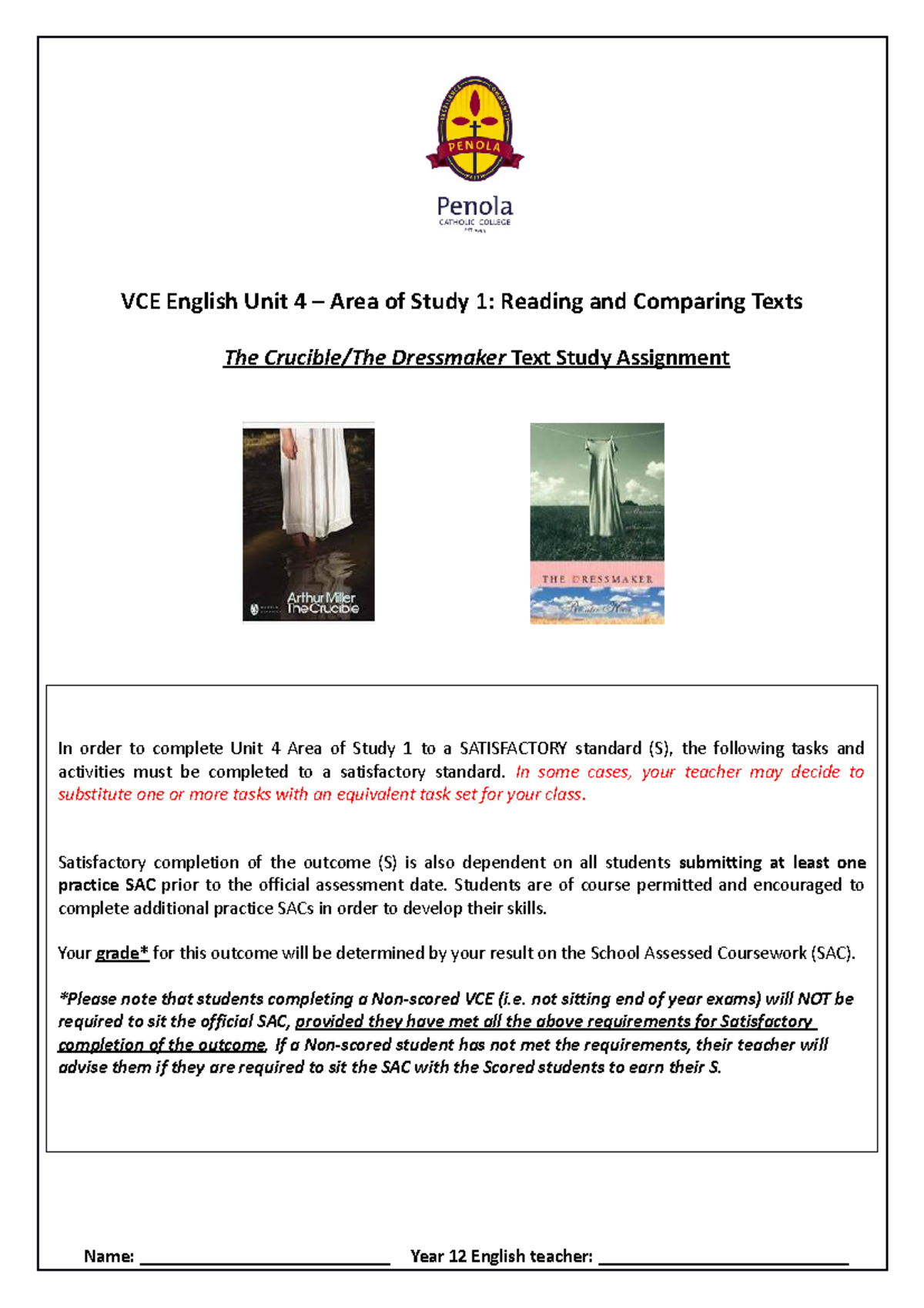 dress maker and crucible S & N. - VCE English Unit 4 – Area of Study 1 ...