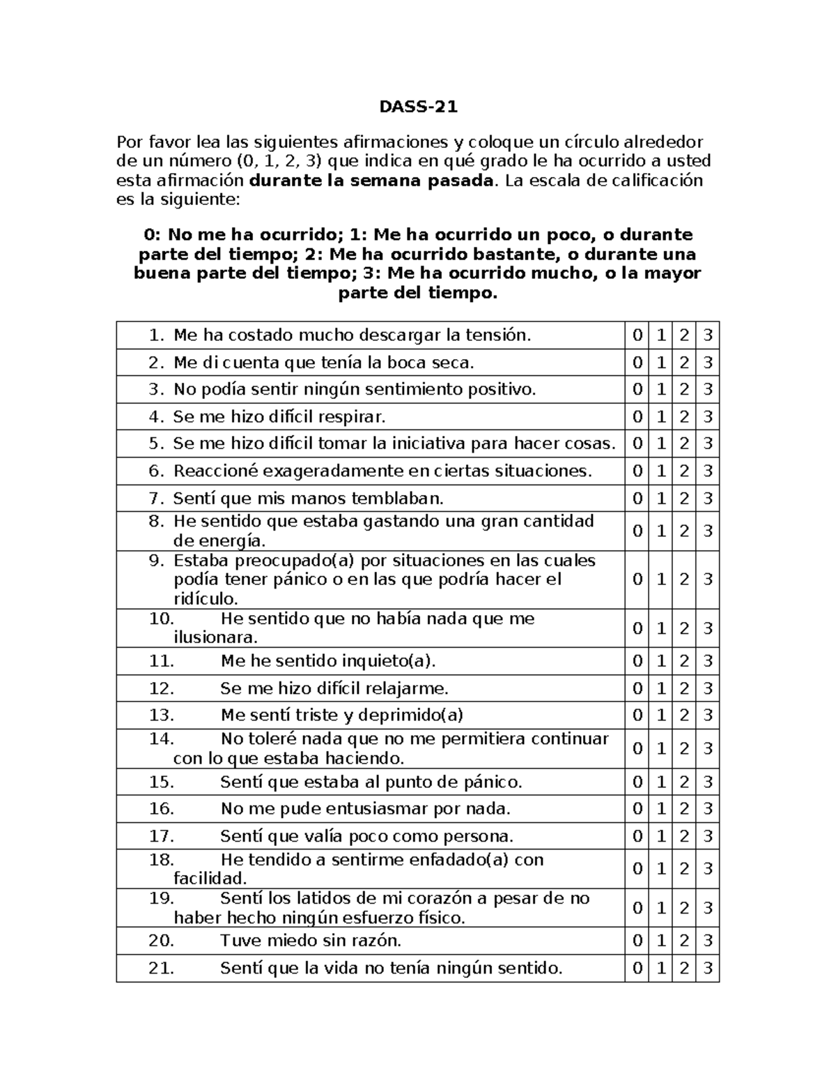 DASS-21 - DASS- Por favor lea las siguientes afirmaciones y coloque un ...