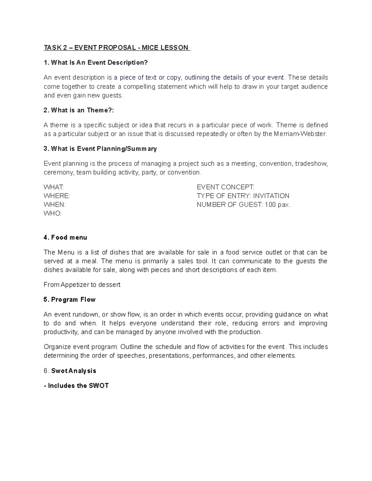 TASK 2- Event Proposal- Final - TASK 2 – EVENT PROPOSAL - MICE LESSON ...