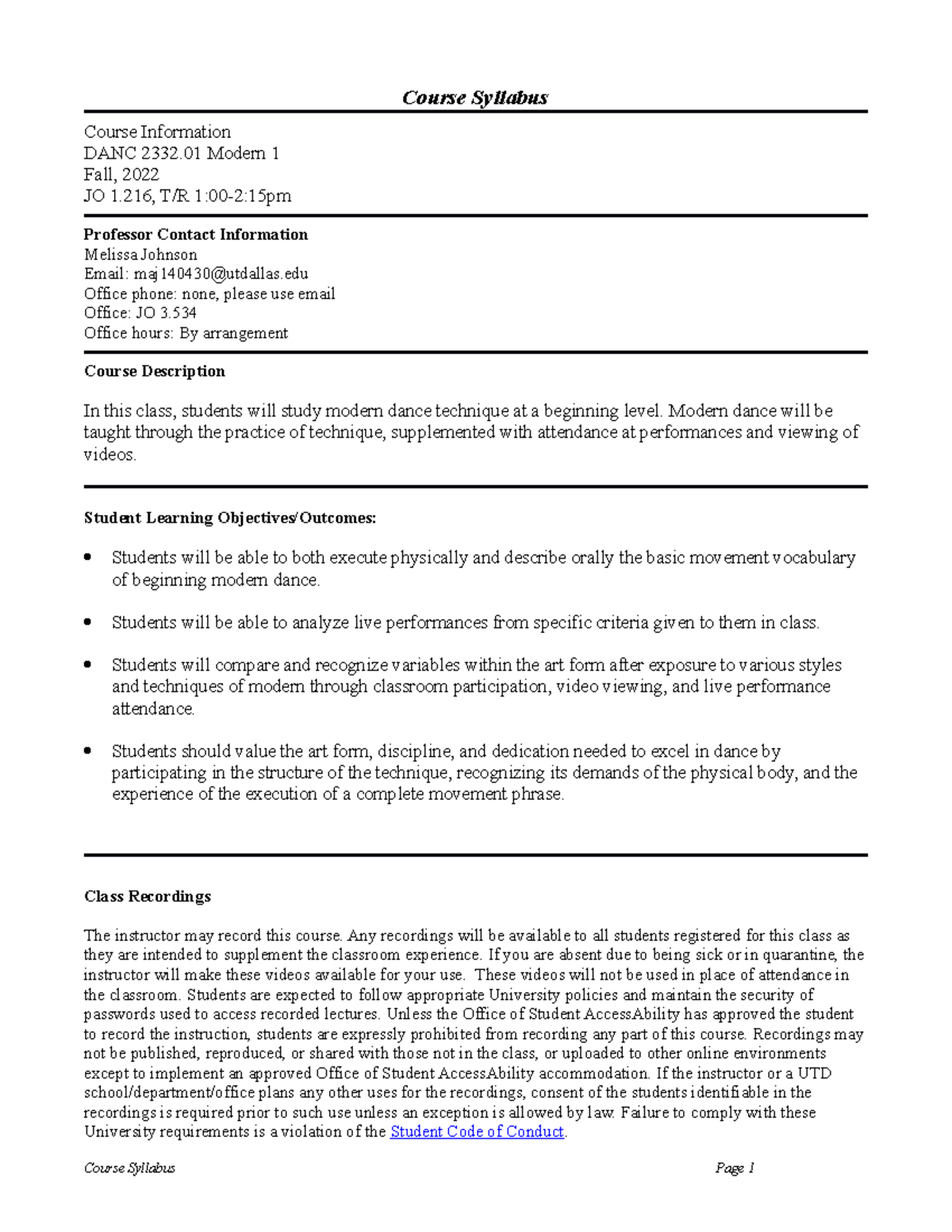 DANC 2332 Fall 2022 syllabus (2) - Course Syllabus Course Information ...