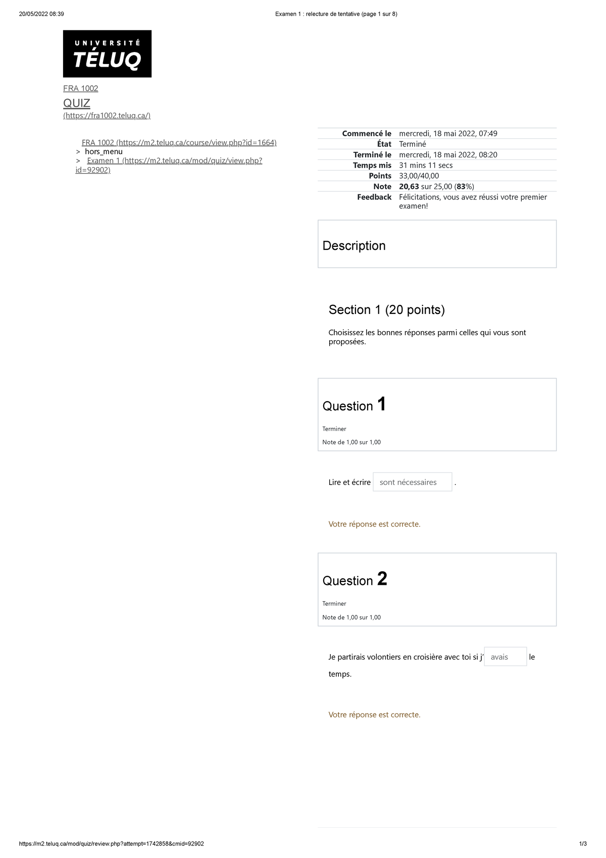 Examen 1 FRA1002 - Evaluation - 20/05/2022 08:39 Examen 1 : relecture de tentative (page 1 sur 8 ...