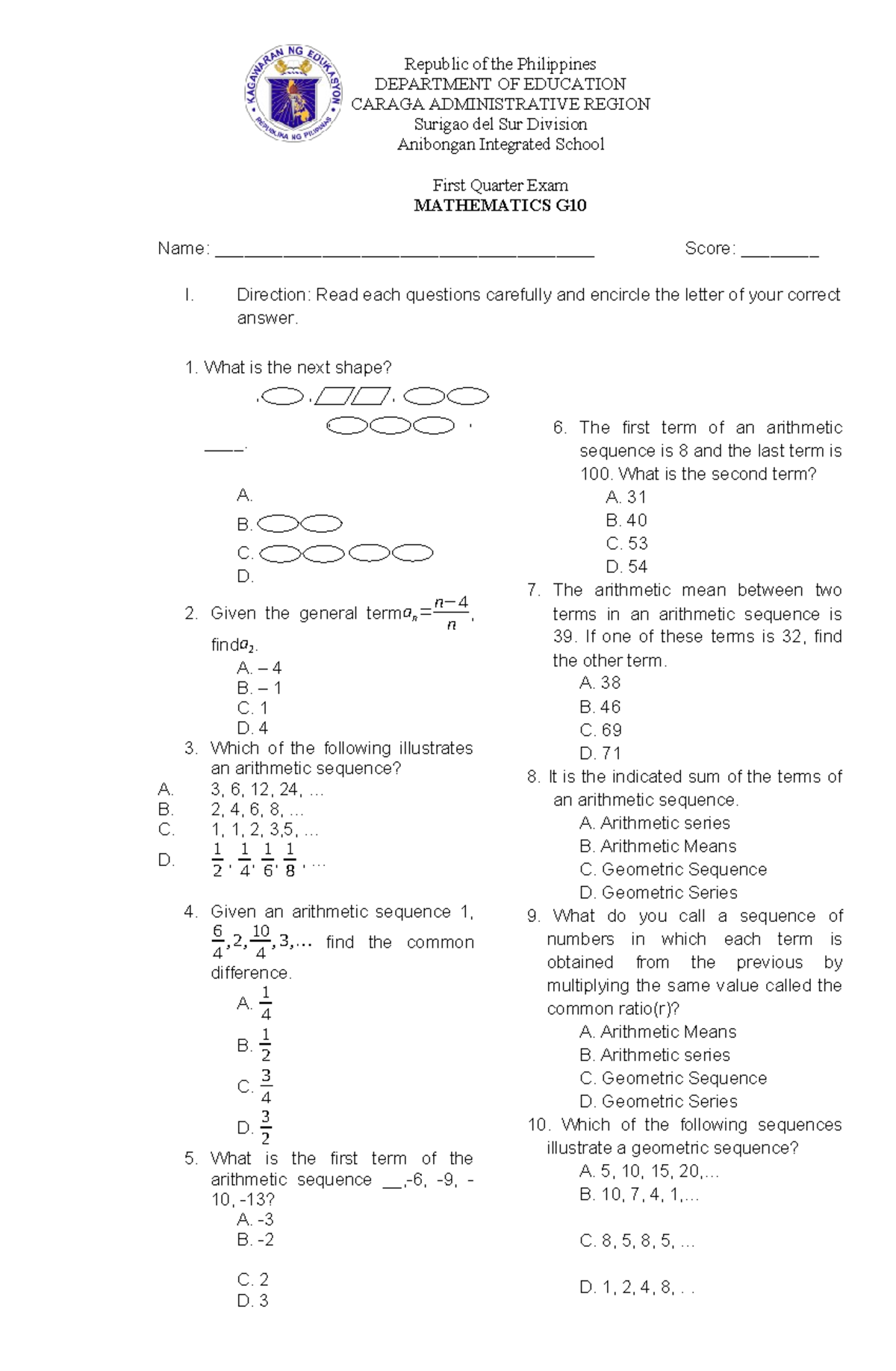 Diagnostic TEST MATH G10-Q1 2021-2022 - Republic of the Philippines ...