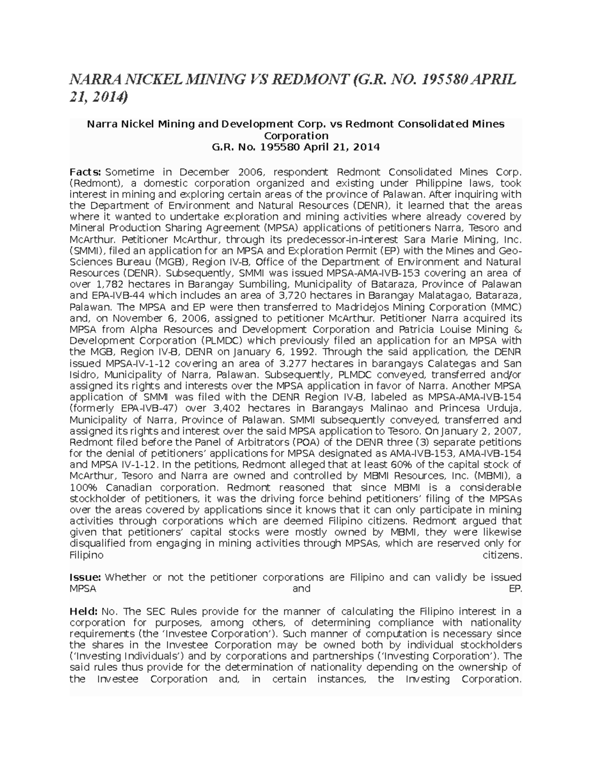 Narra Nickel Mining VS Redmont - NARRA NICKEL MINING VS REDMONT (G. NO ...