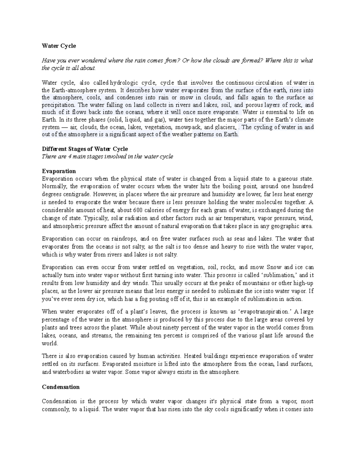 Lecture Notes about Water Cycle - Water Cycle Have you ever wondered ...