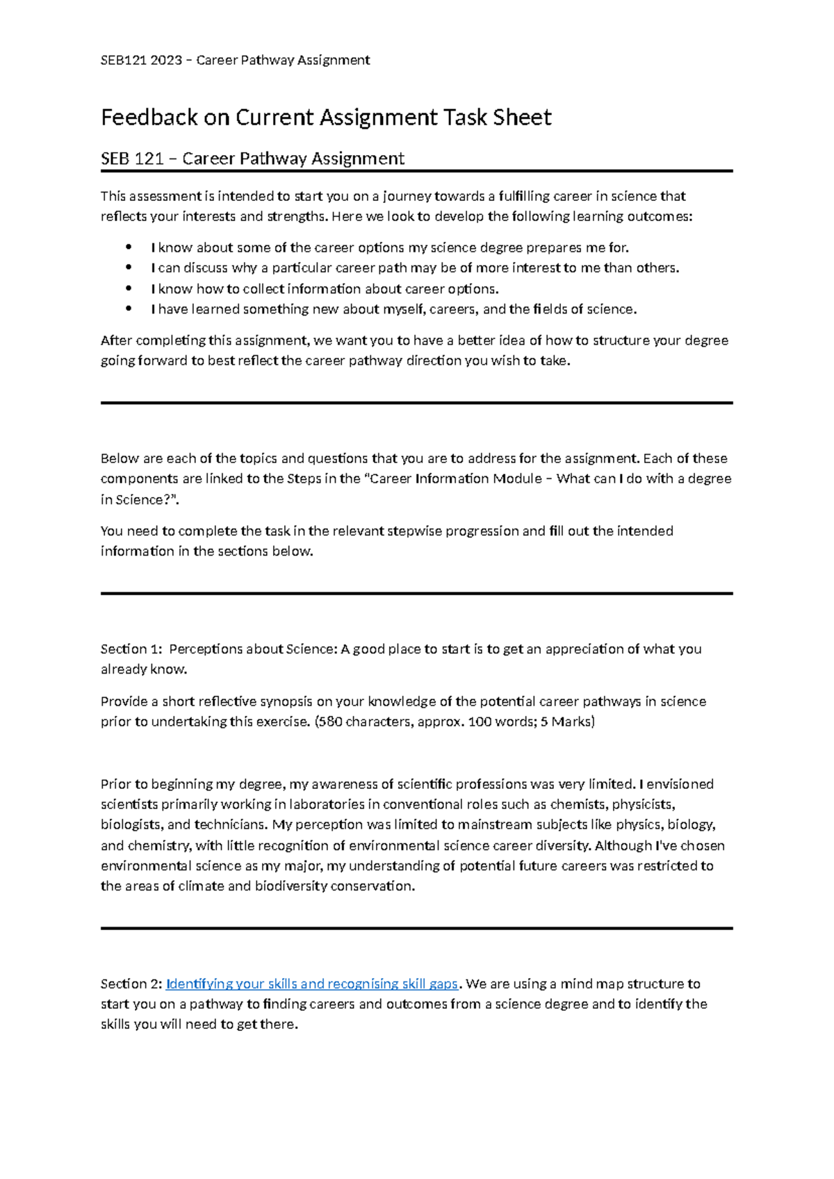SEB121 Career Pathway Assignment - Feedback on Current Assignment Task ...