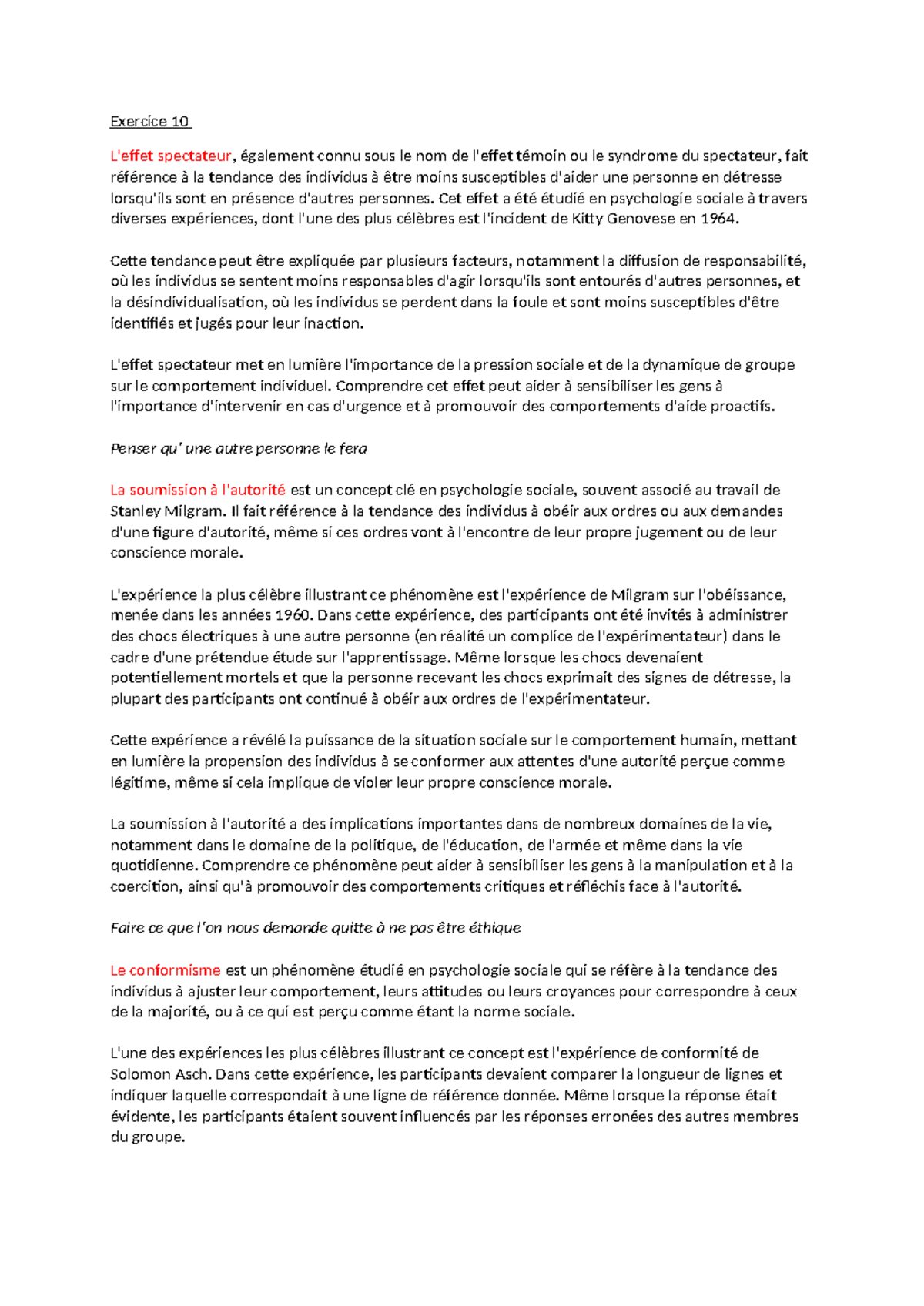 Exo suite 4 exercice 10 - cours L1 PSYCHOLOGIE - Exercice 10 L'effet spectateur, également connu ...