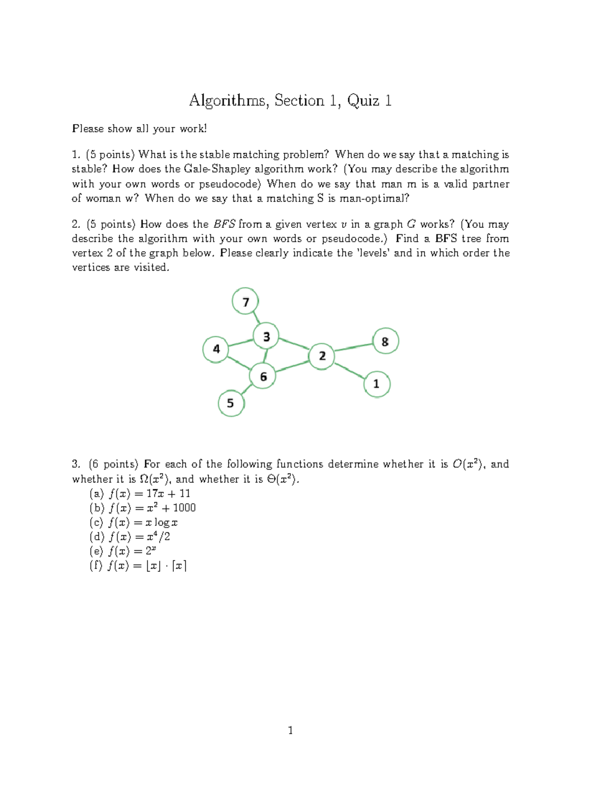 Section 1 Quiz1 Sample Exams Algorithms Section 1 Quiz 1 Please Show All Your Work 5