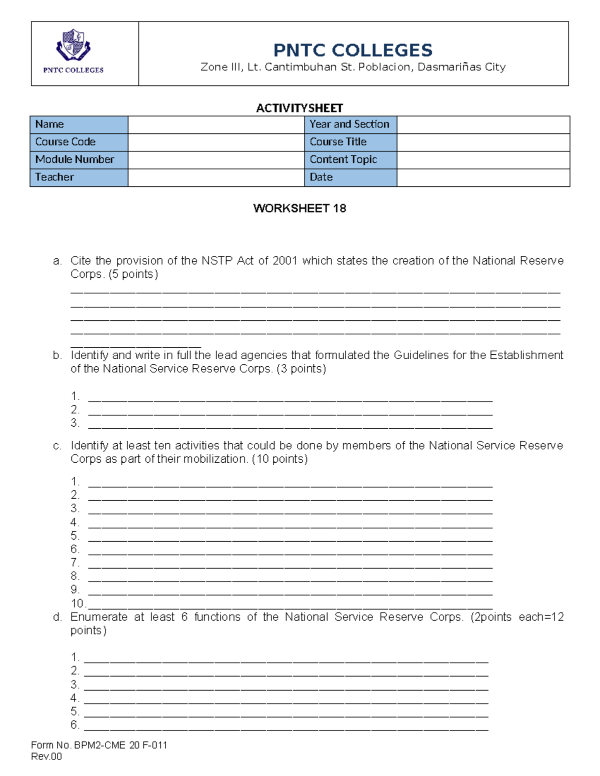 Worksheet 18 - . ,............. - PNTC COLLEGES Zone III, Lt ...