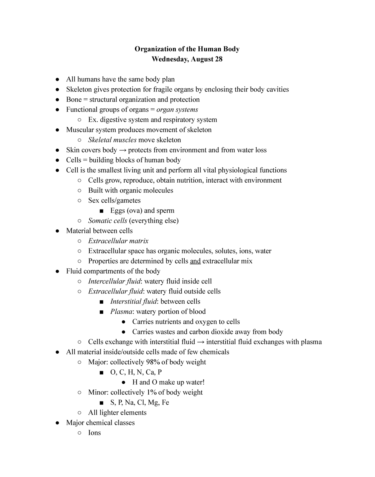 Class Notes 1 - Google Docs - Organization of the Human Body Wednesday ...