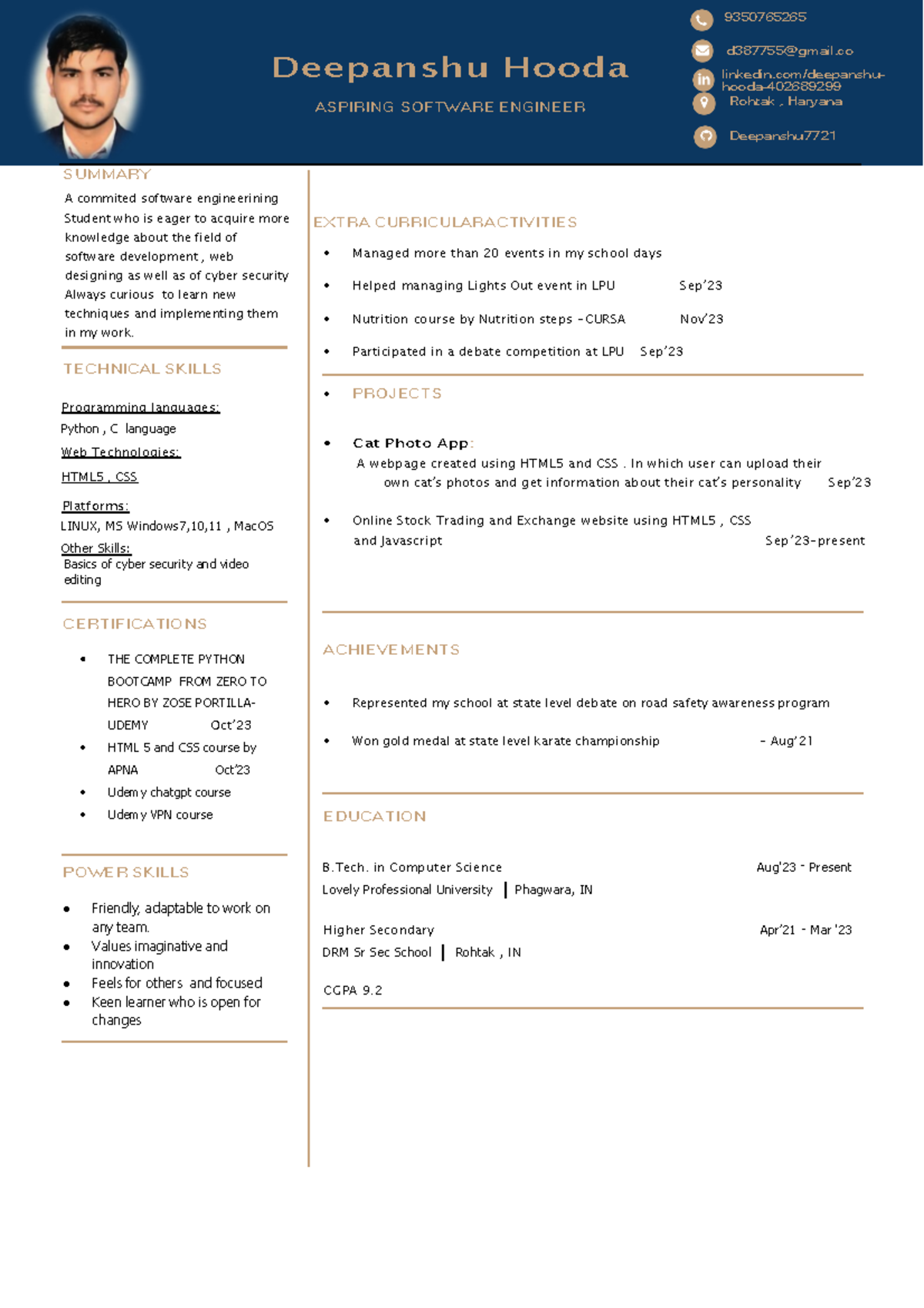 Deepanshu 12319191 - Deepanshu Hooda ASPIRING SOFTWARE ENGINEER SUMMARY TECHNICAL SKILLS ...