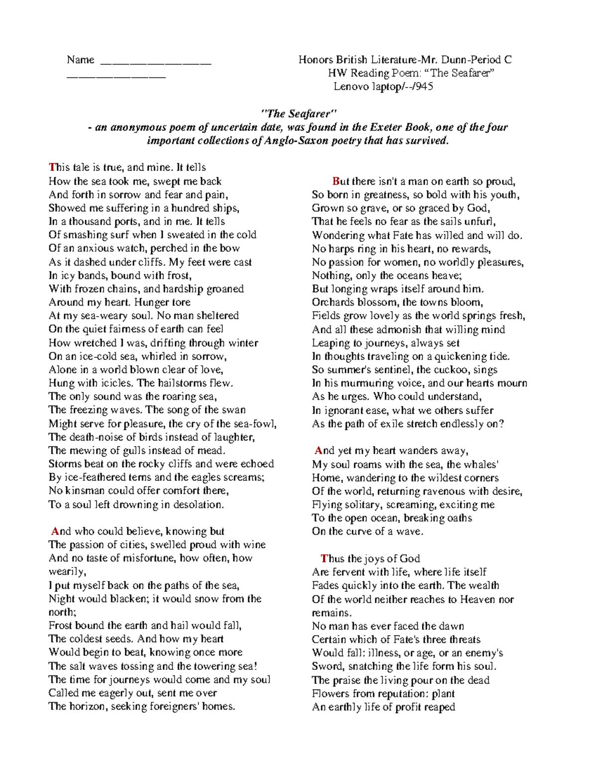 The Seafarer in 2 cols. PDF - Linguistica Inglese - UniCatt - Studocu