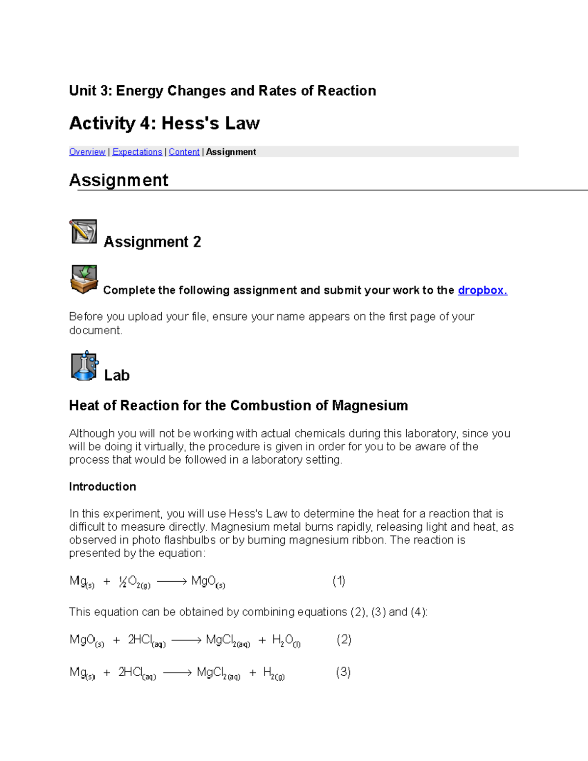 Lab Combustion of Magnesium - Unit 3: Energy Changes and Rates of ...