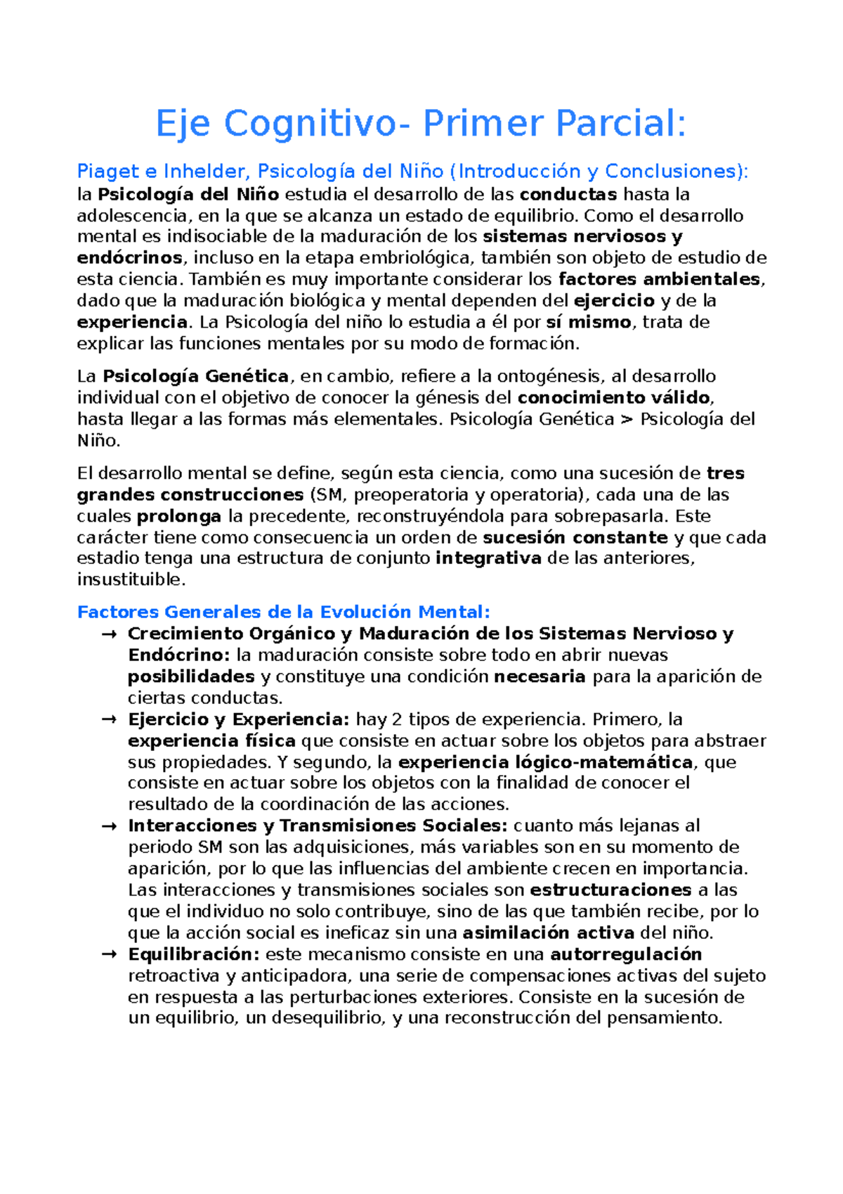 Eje Cognitivo- Final Niñez - Eje Cognitivo- Primer Parcial: Piaget e Inhelder, Psicología del ...