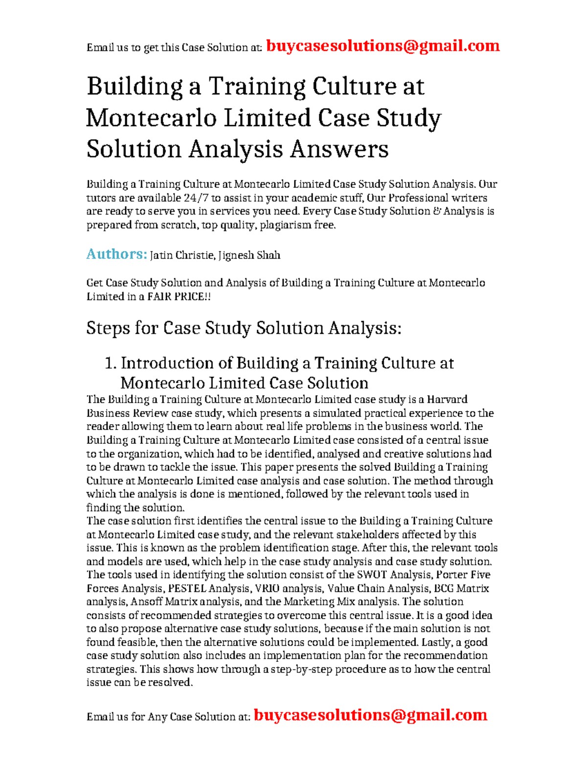 Case Solution Building a Training Culture at Montecarlo Limited ...