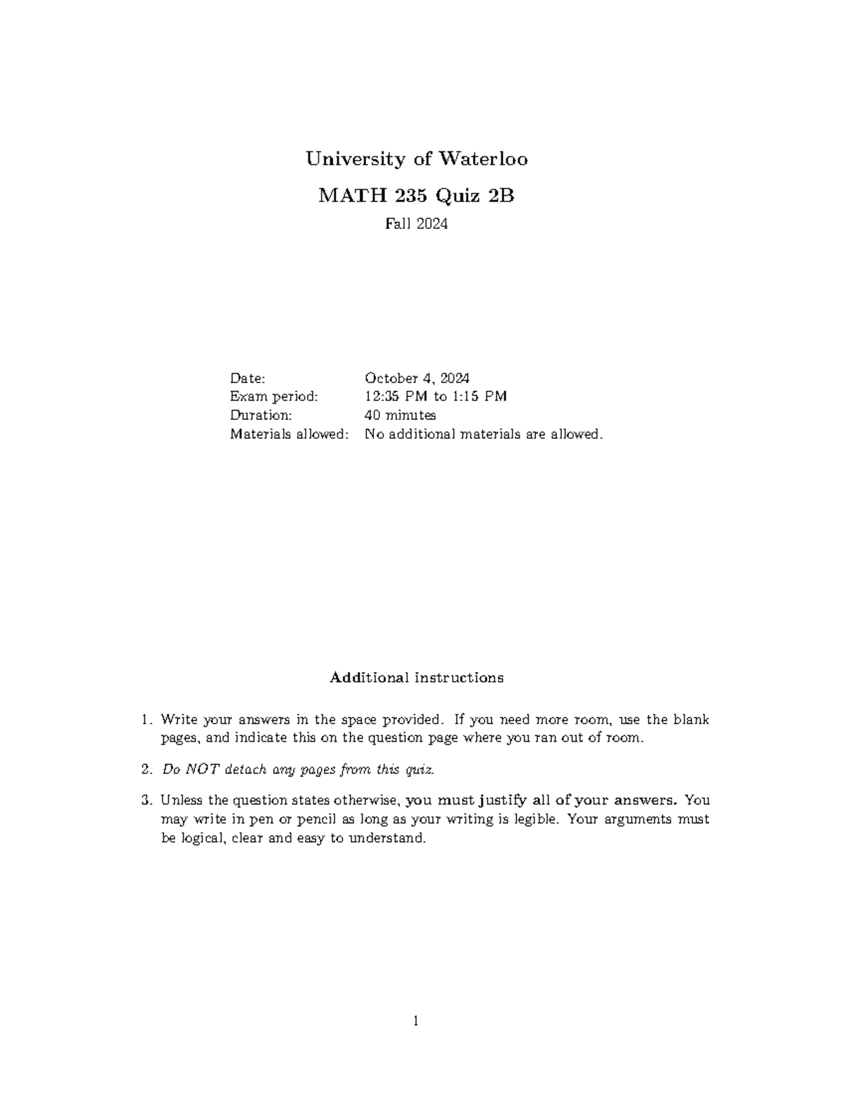Linear Transformation Quiz 2b Linear Algebra - University of Waterloo ...