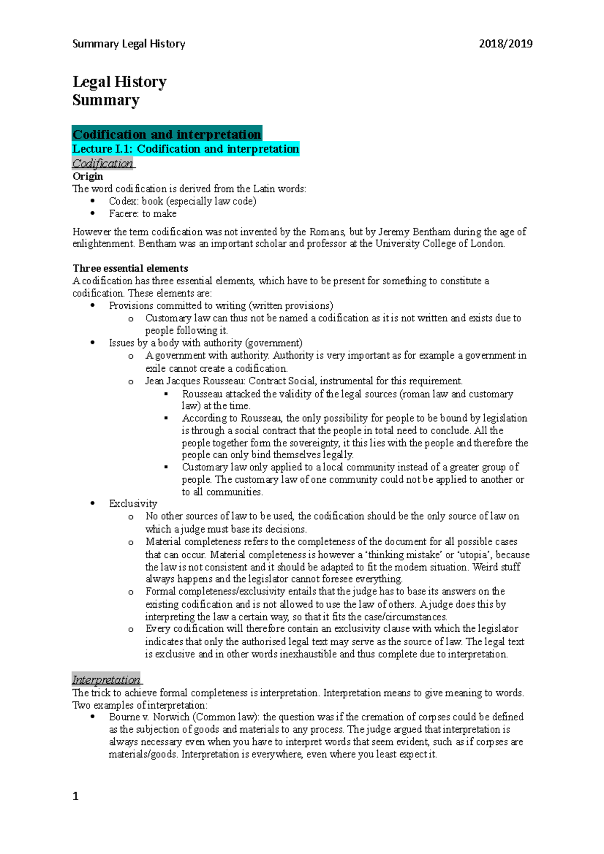 Legal History - Summary - Legal History Summary Codification and ...