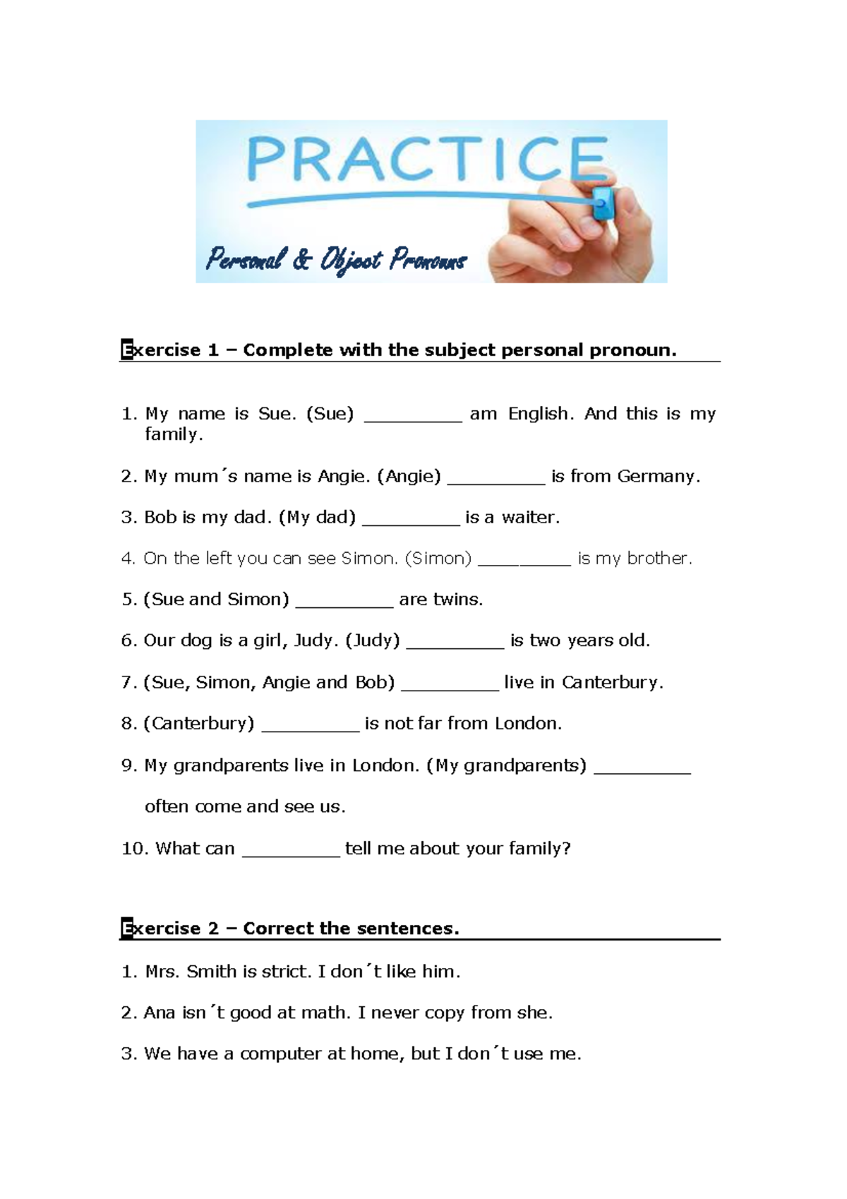 Personal Object Pronouns - Personal & Object Pronouns Exercise 1 ...