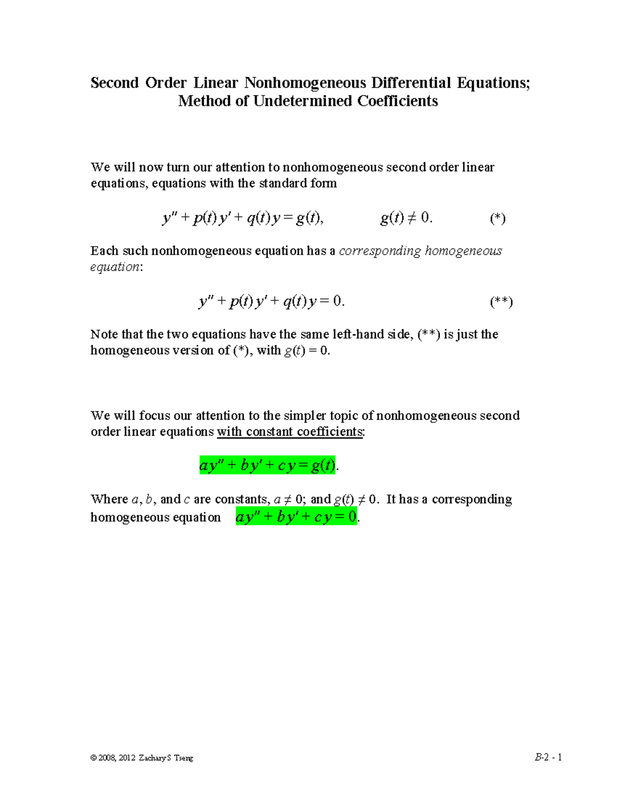 Notes-2nd order ODE pt2 - Second Order Linear Nonhomogeneous ...