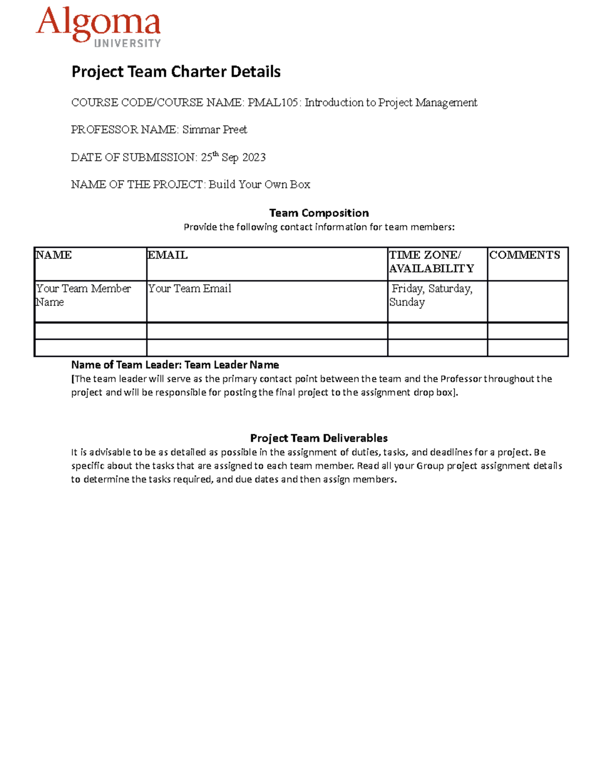 PMAL105-Project-Team-Charter-Template - Project Team Charter Details ...
