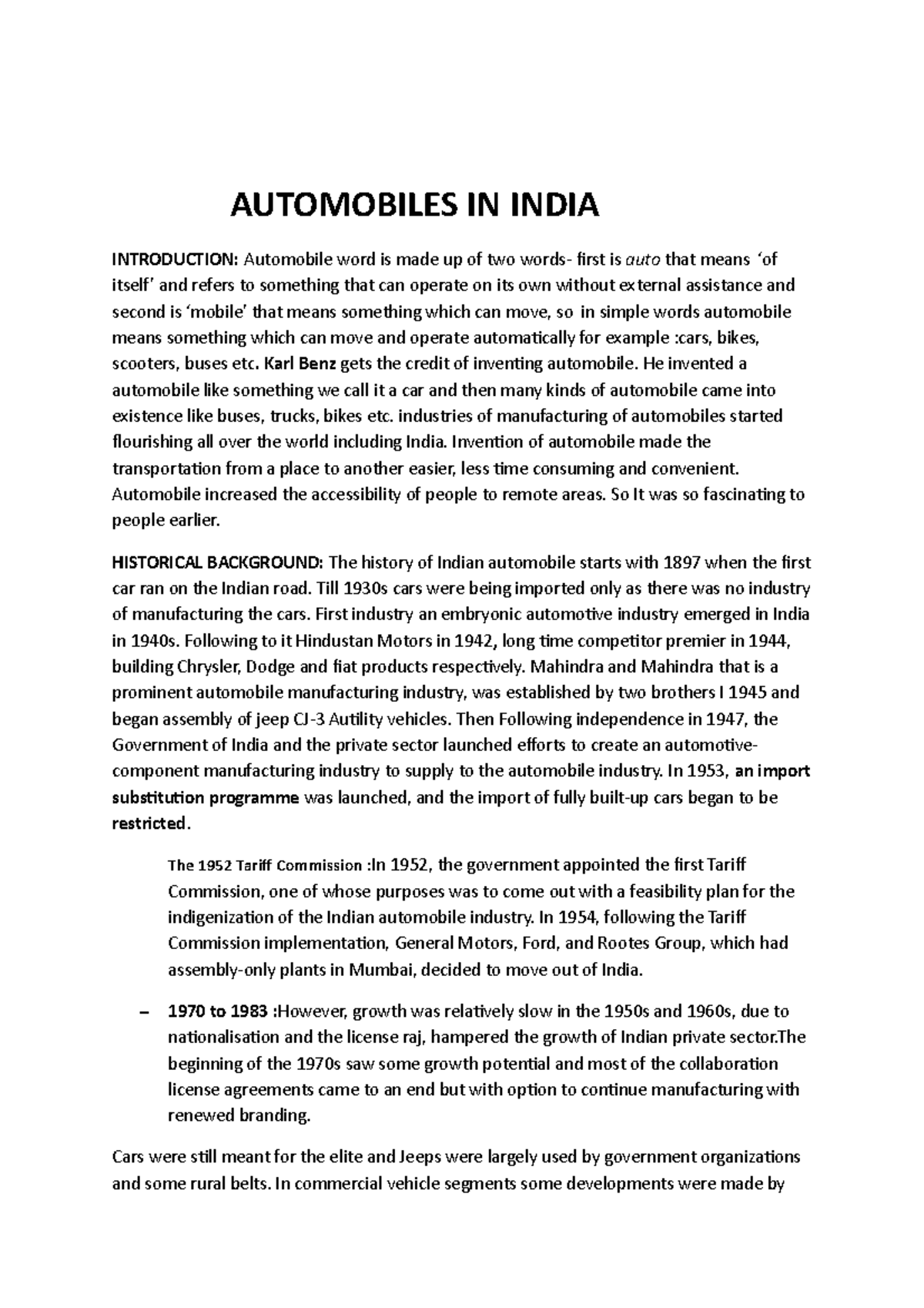 Automobiles IN India - AUTOMOBILES IN INDIA INTRODUCTION: Automobile ...