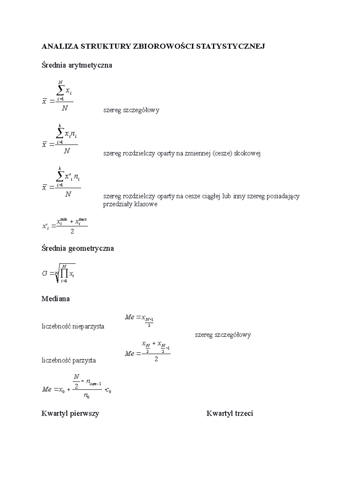 Wzory na statystykę opisową - ANALIZA STRUKTURY ZBIOROWOŚCI ...