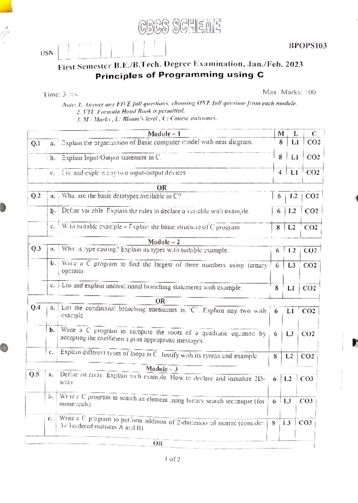 Bpops 103-Jan Feb 2023 - Continue - Q Q. Q. Q. Q. USN Time: 3 hrs. a. a ...