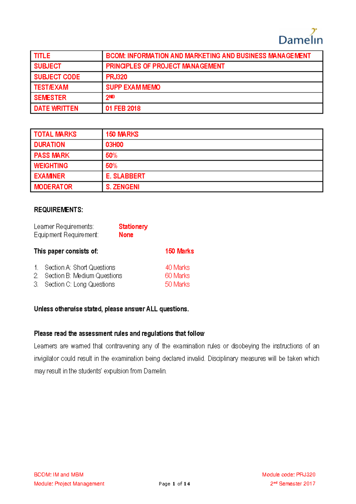 Project Management Supp Exam Memo - BCOM: IM and MBM Module code: PRJ ...