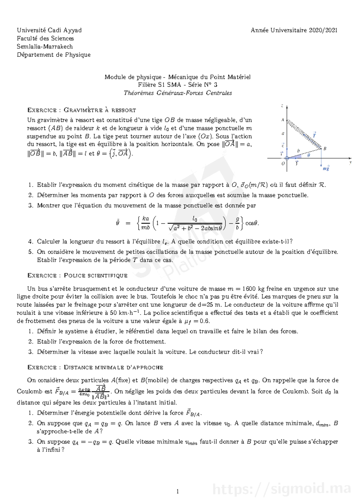TD 3 - TD de Mécanique 1 SMIA s1 par Prf. Mohamed EL KACIMI - Universit ́e Cadi Ayyad Ann ́ee ...