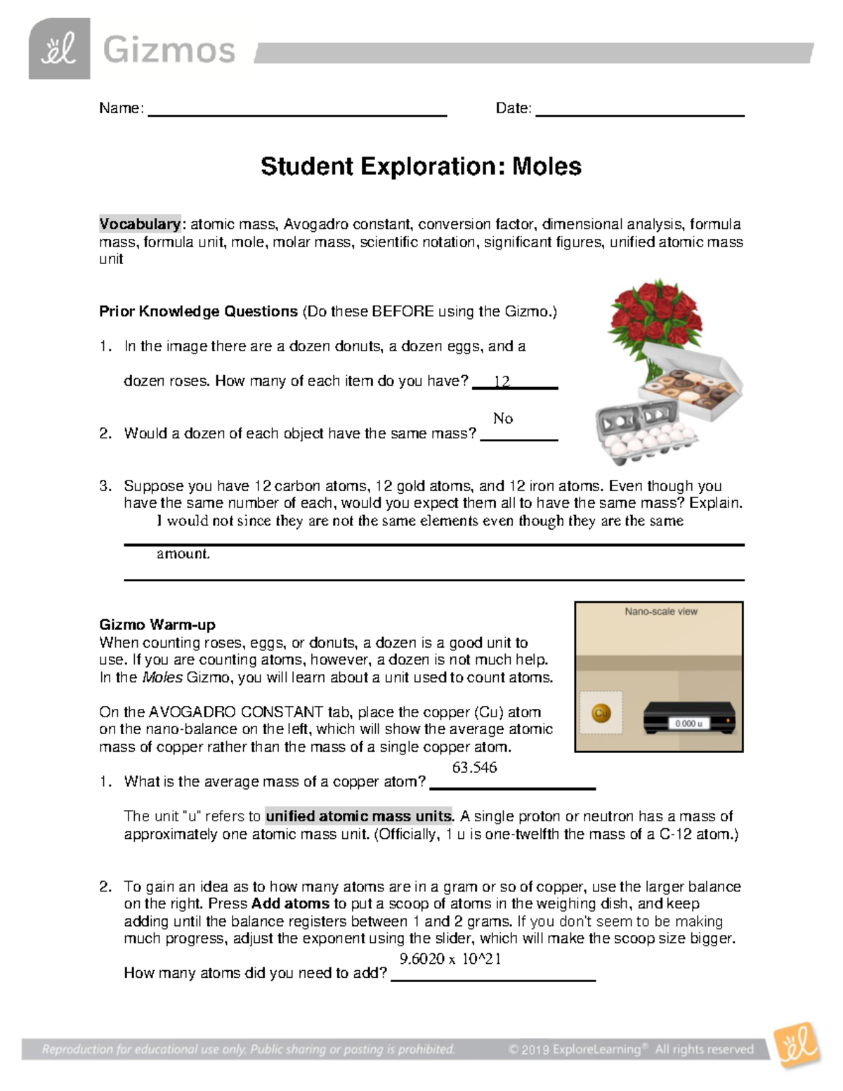 Gizmos Assignment: Moles SE - Name: Date: Student Exploration: Moles ...