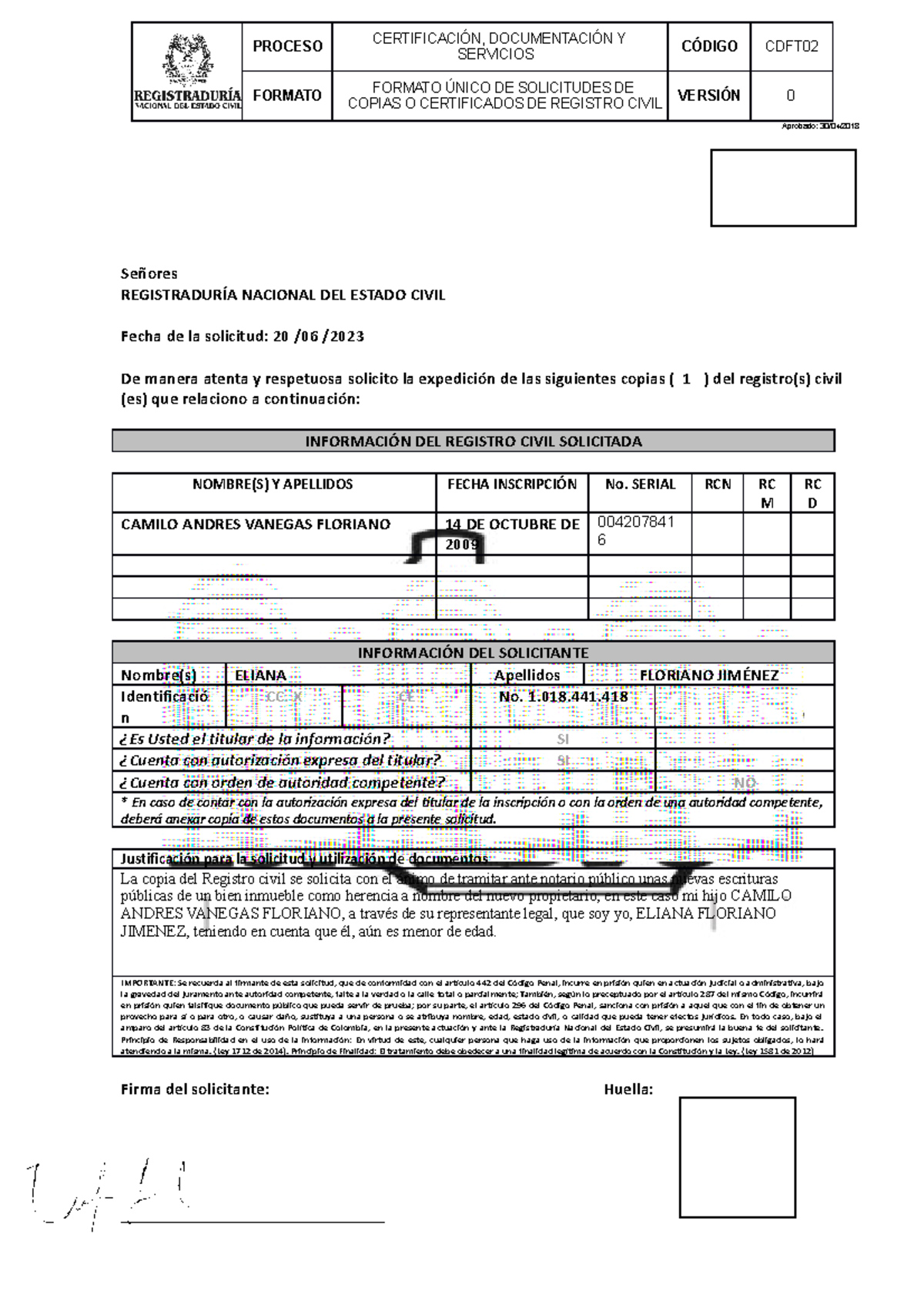 Formato Solicitud DE Registro Civil - Registraduria-1 - PROCESO ...