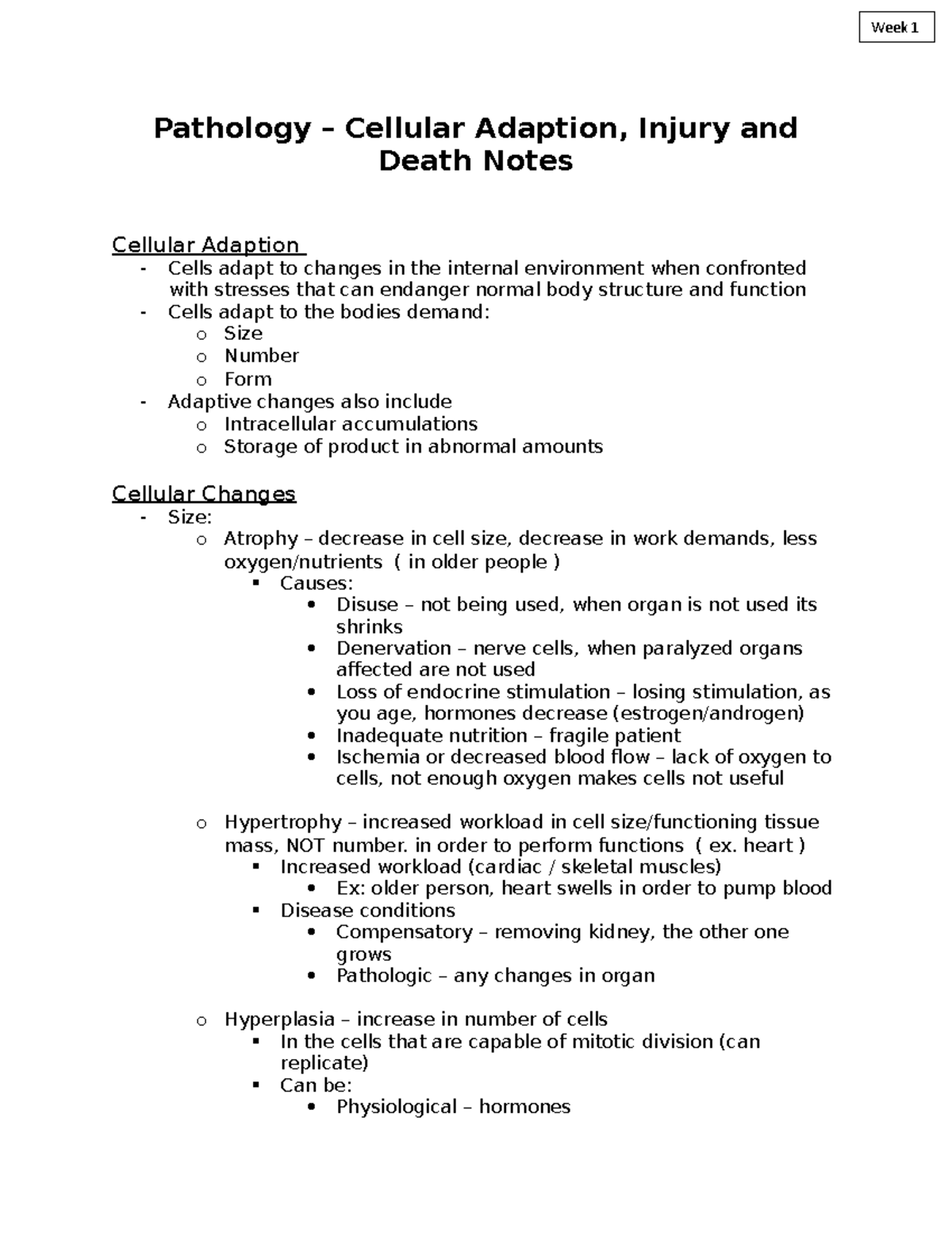 Notes . Test 1 - Cellular Adaption, Injury and Death - Pathology ...
