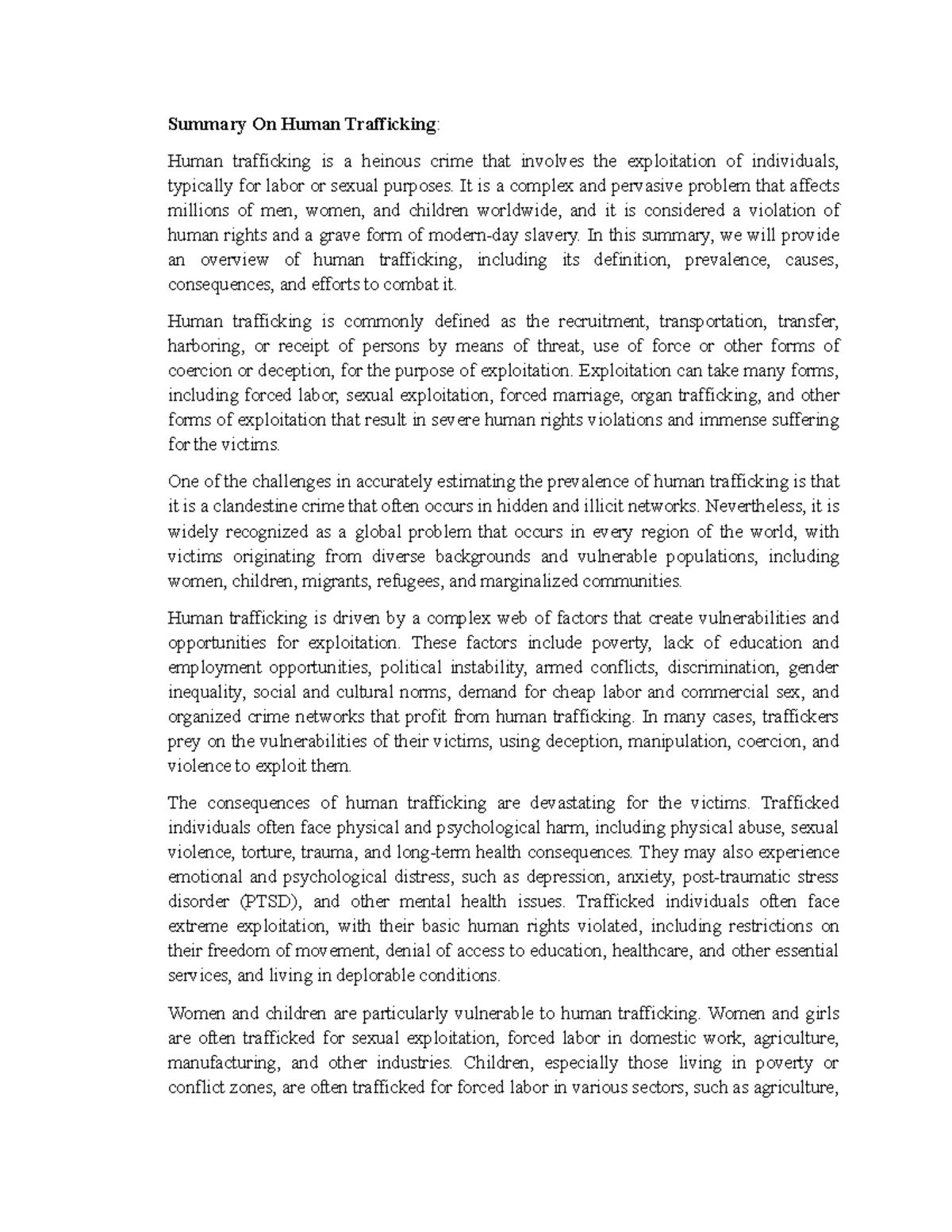 Summary On Human Trafficking Summary On Human Trafficking Human