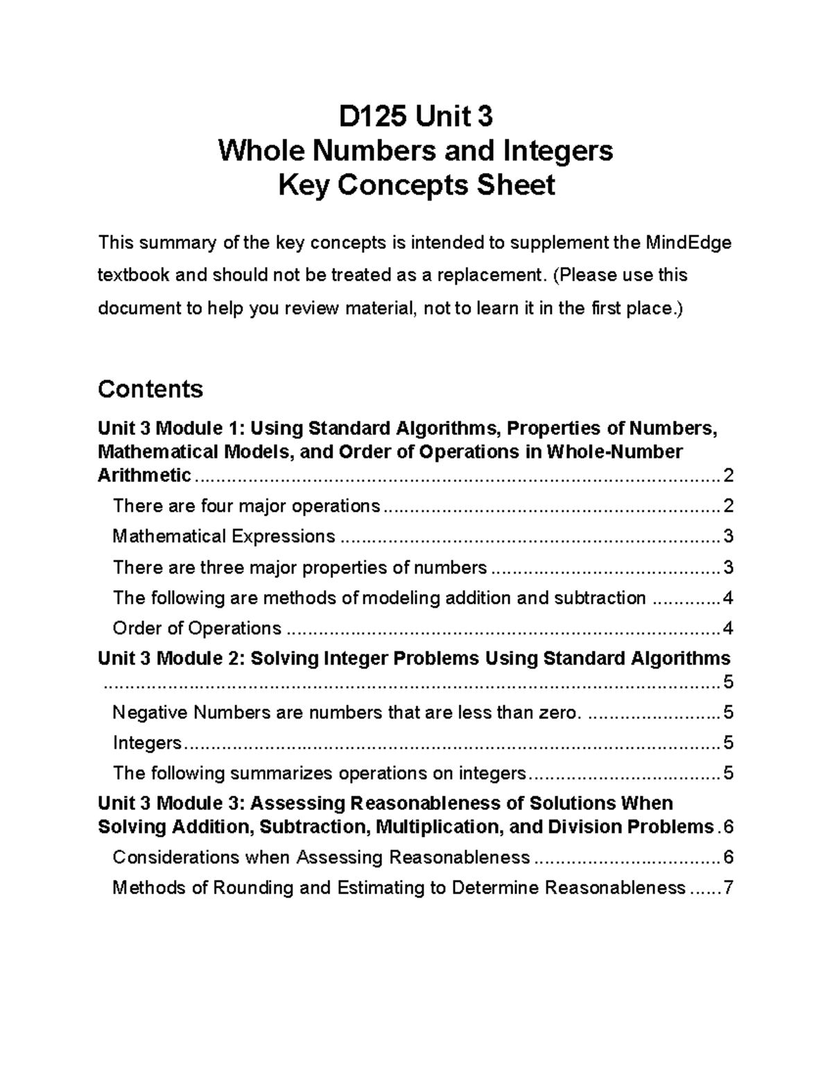 D125 Unit 3 Key Concepts - D125 Unit 3 Whole Numbers and Integers Key ...